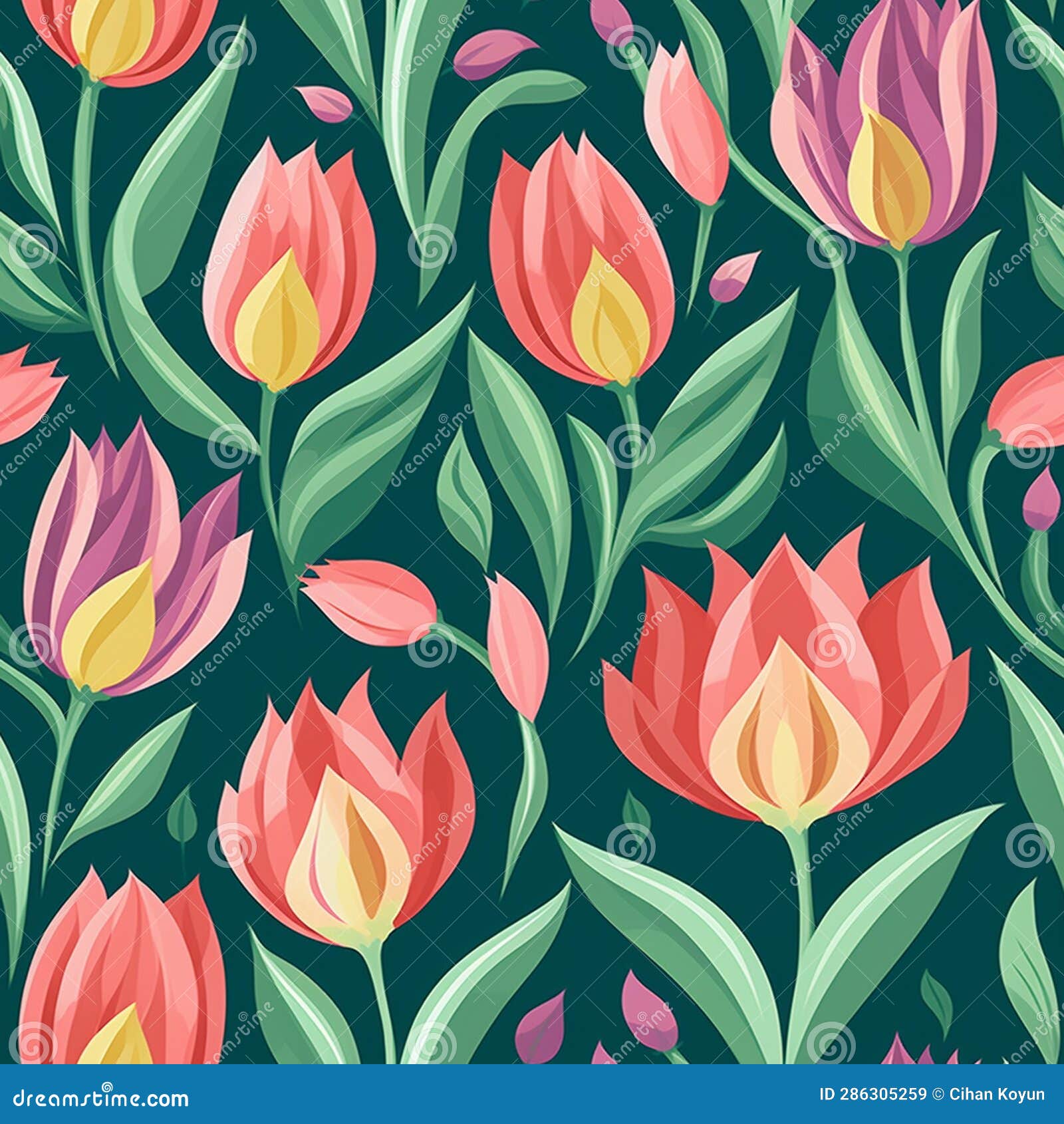 Design of Watercolored Seamless Blue Tulip Pattern with Leaves Stock ...