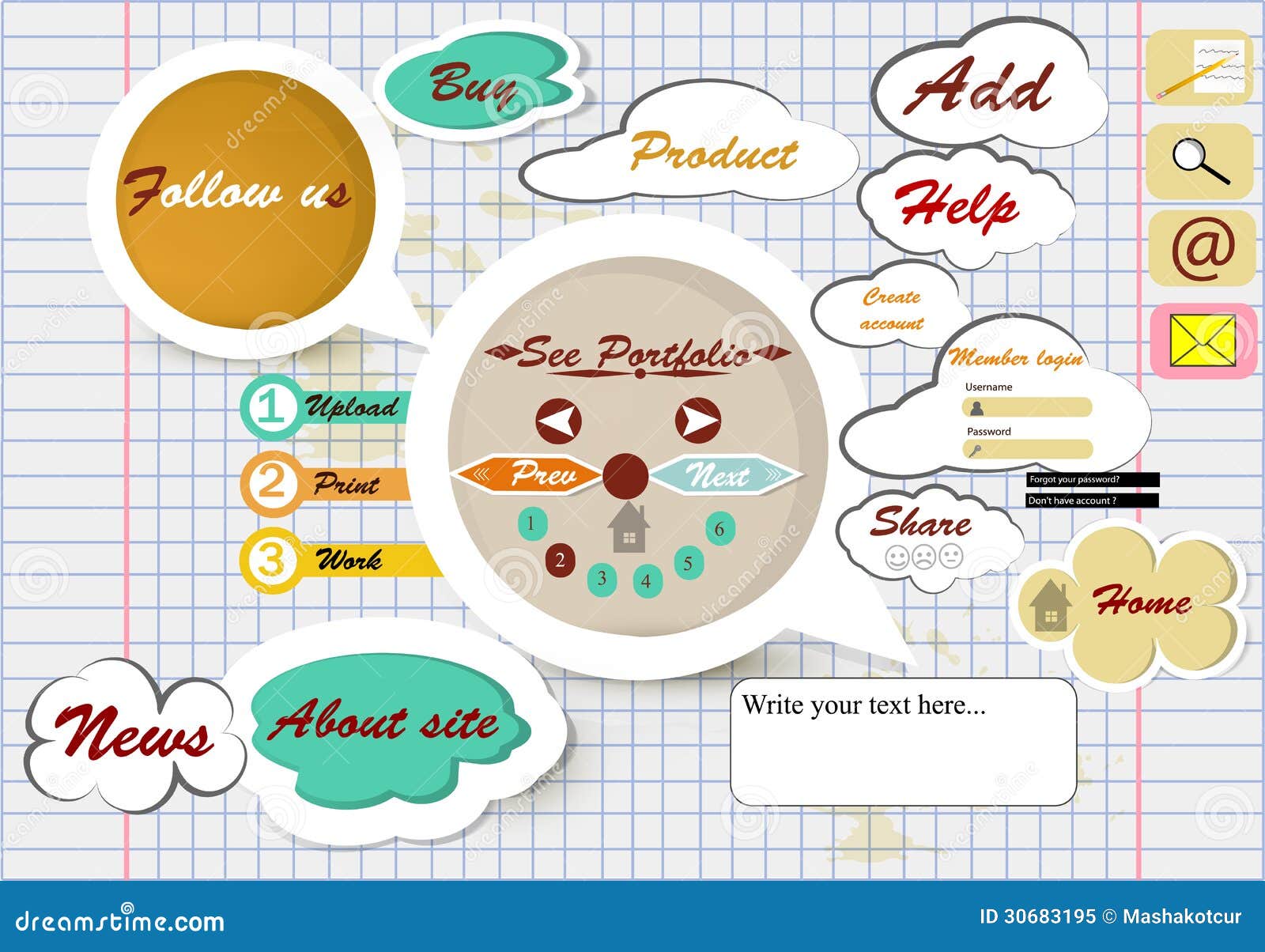 School Copybook Pattern. Hearts, Envelopes, Stars On Squared Backdrop ...