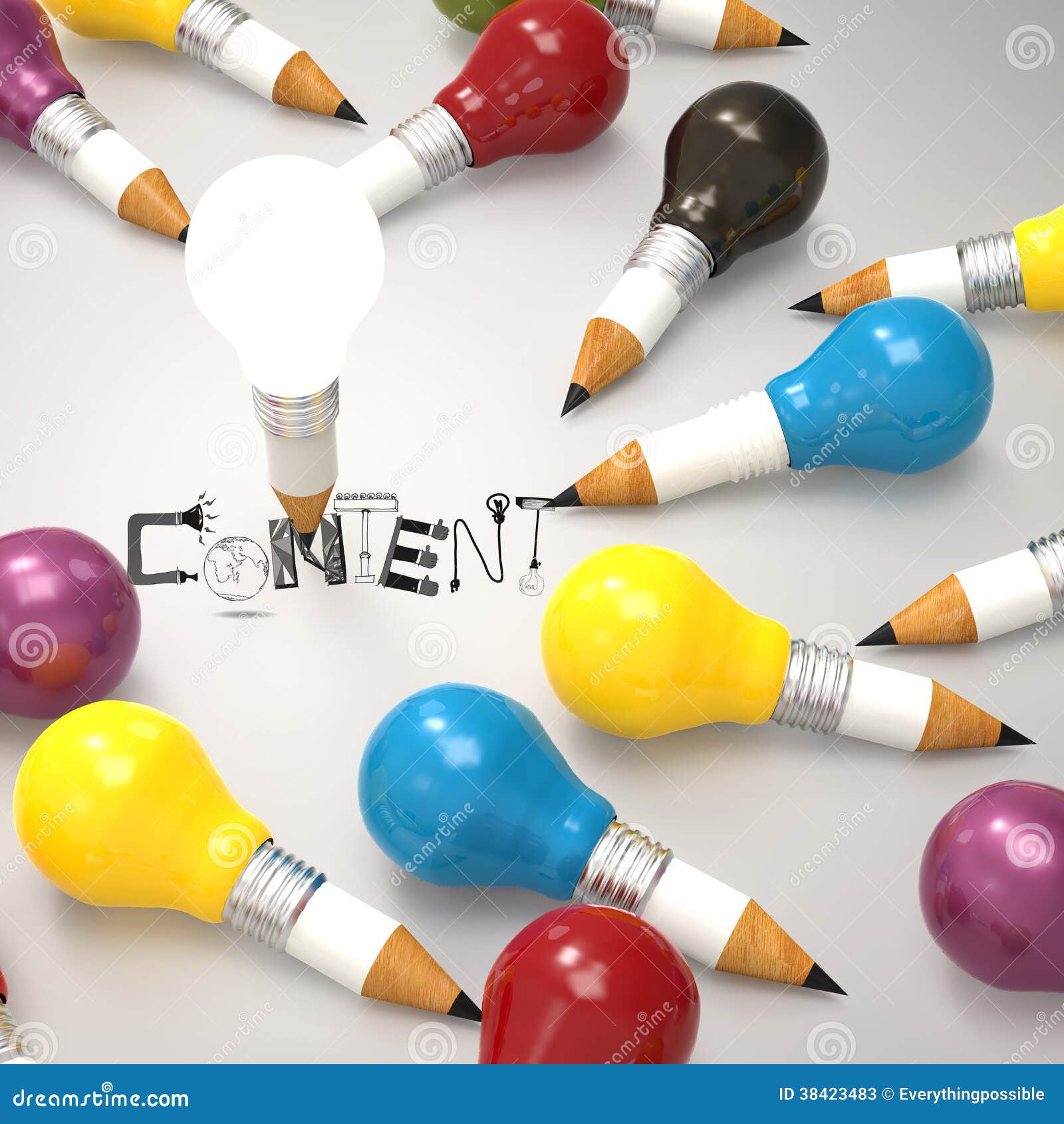 Design Word CONTENT and Pencil Lightbulb 3d Stock Illustration ...