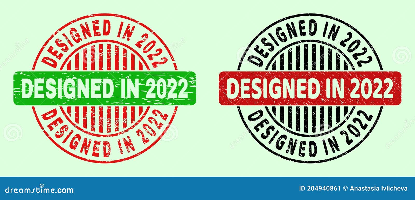 DESIGNED in 2022 Rounded Bicolor Seals - Grunge Style Stock Vector ...