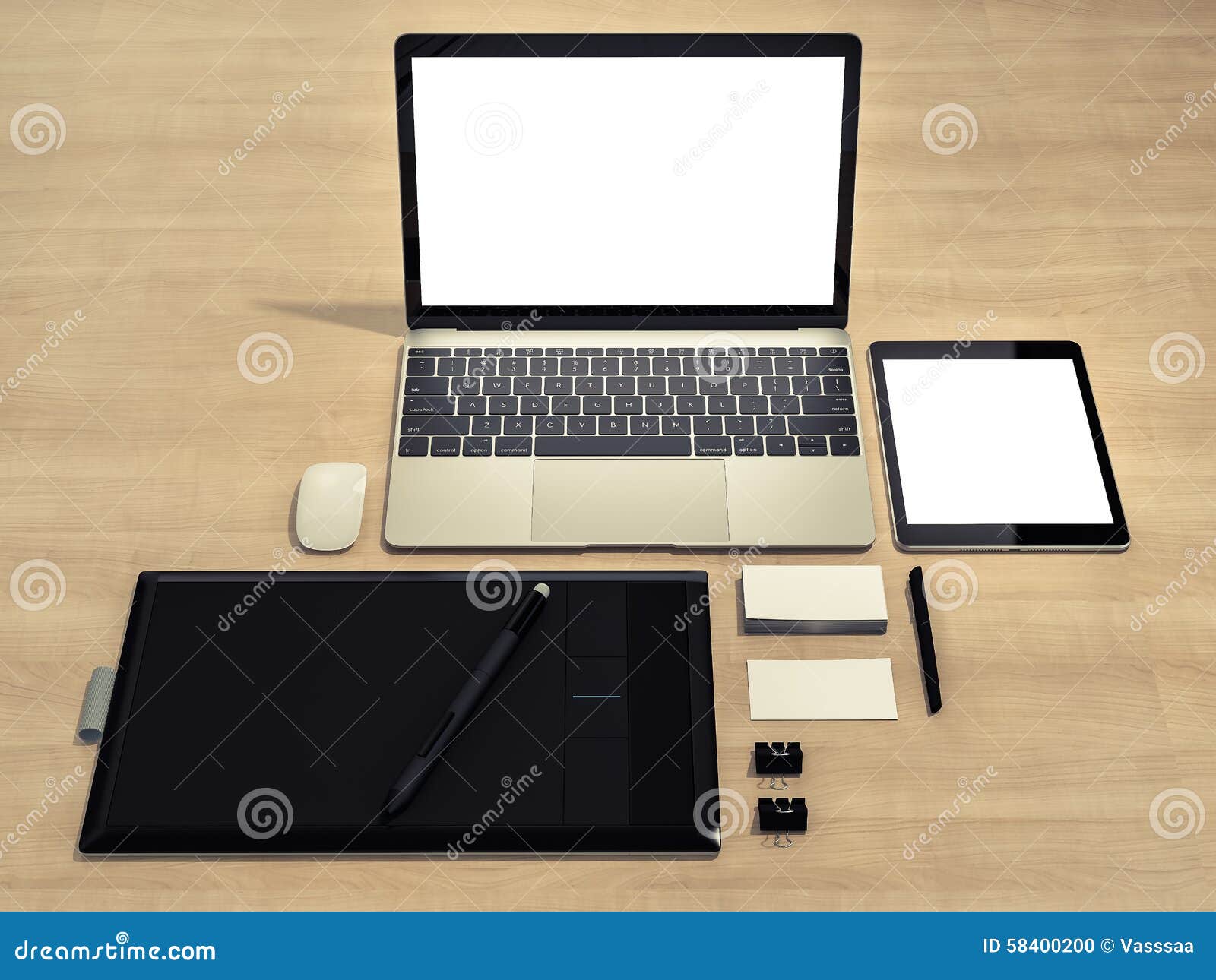 Designer Accessories and Gadgets on Wood Background Stock Illustration ...