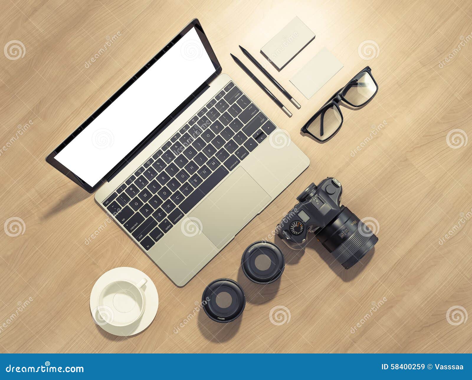 Designer Accessories and Gadgets on Wood Background Stock Illustration ...