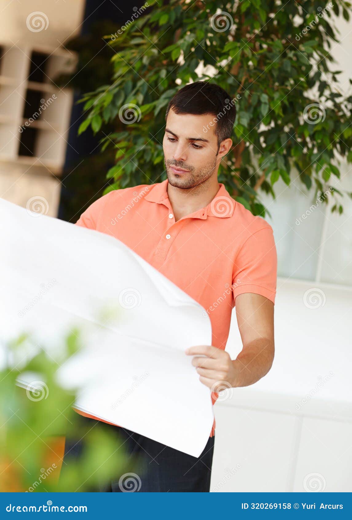 Designer, Architecture and Man with Blueprint in Office for Floor Plan ...