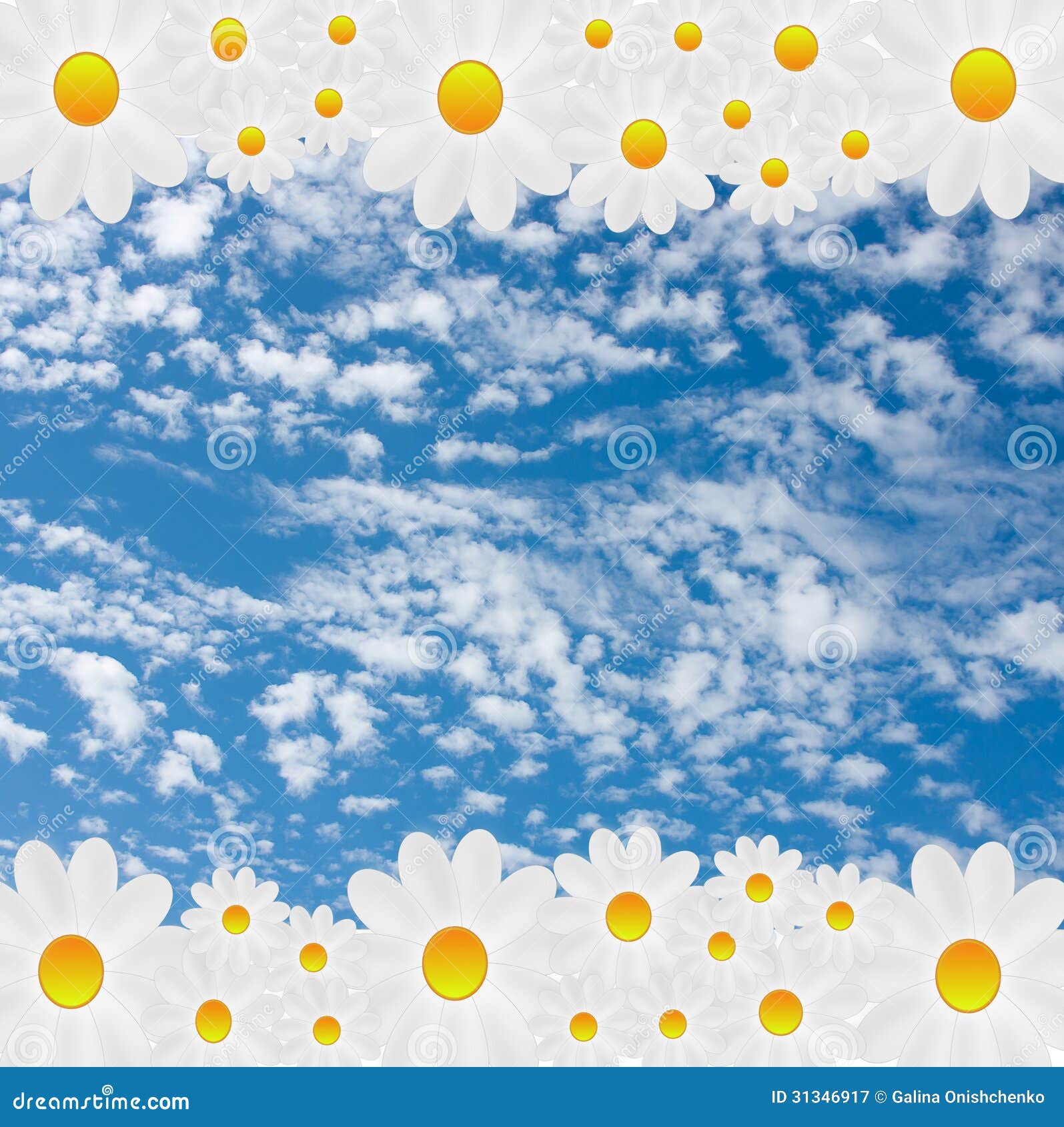 Designer Background from Blue Sky with Clouds and Flowers Stock ...