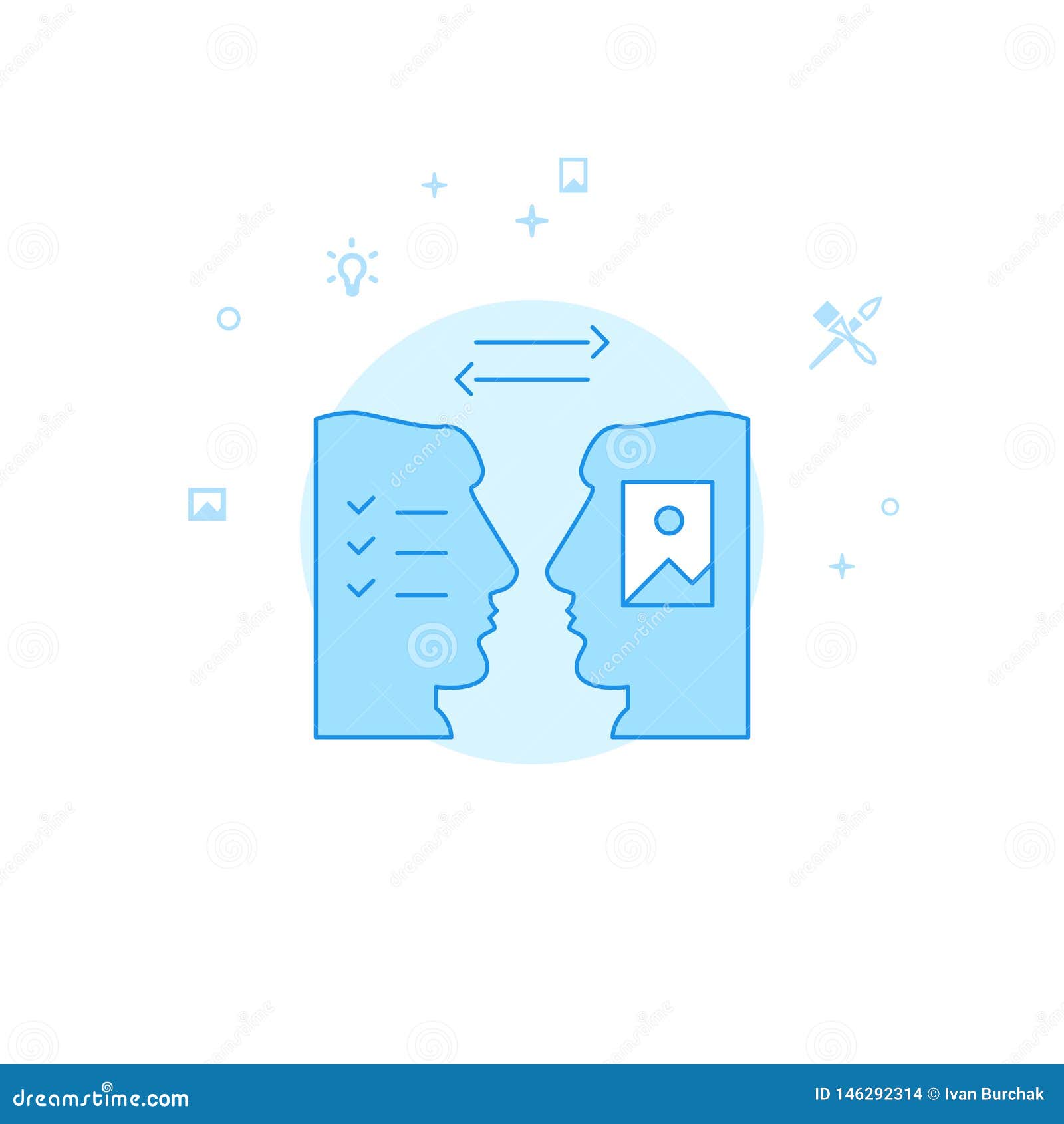 Designer and Client Dialogue Flat Vector Illustration, Icon. Light Blue ...