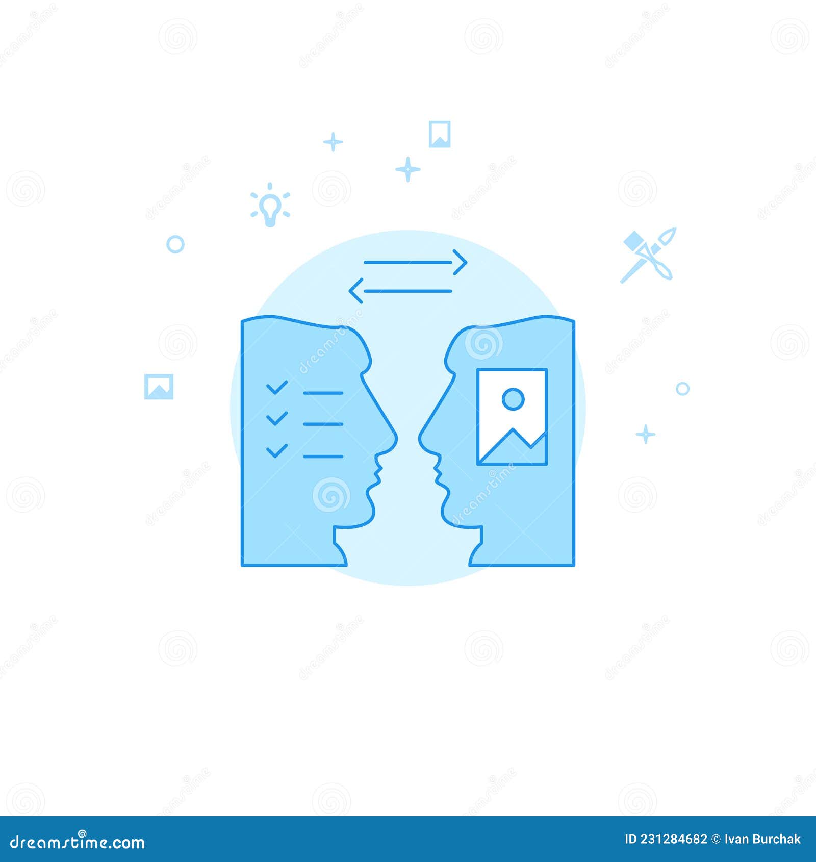 Designer and Client Dialogue Flat Vector Illustration, Icon. Light Blue ...