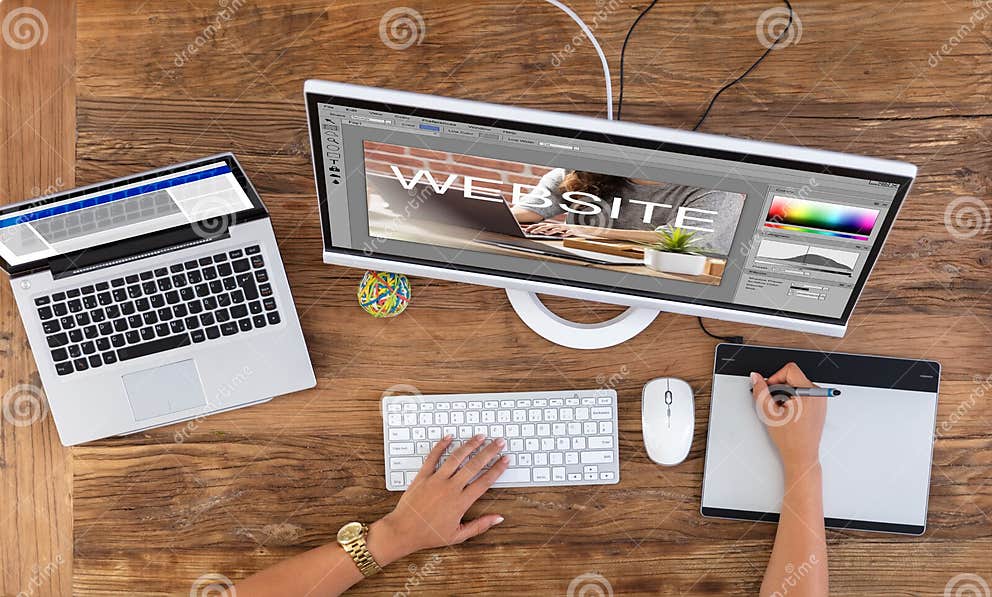 Designer Creating Website on Computer Stock Photo - Image of people ...