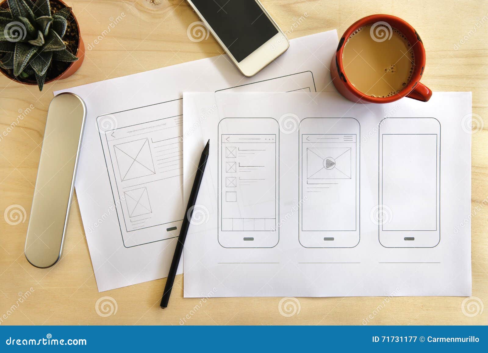 Designer Desk with Mobile Application Wireframe Stock Image - Image of ...