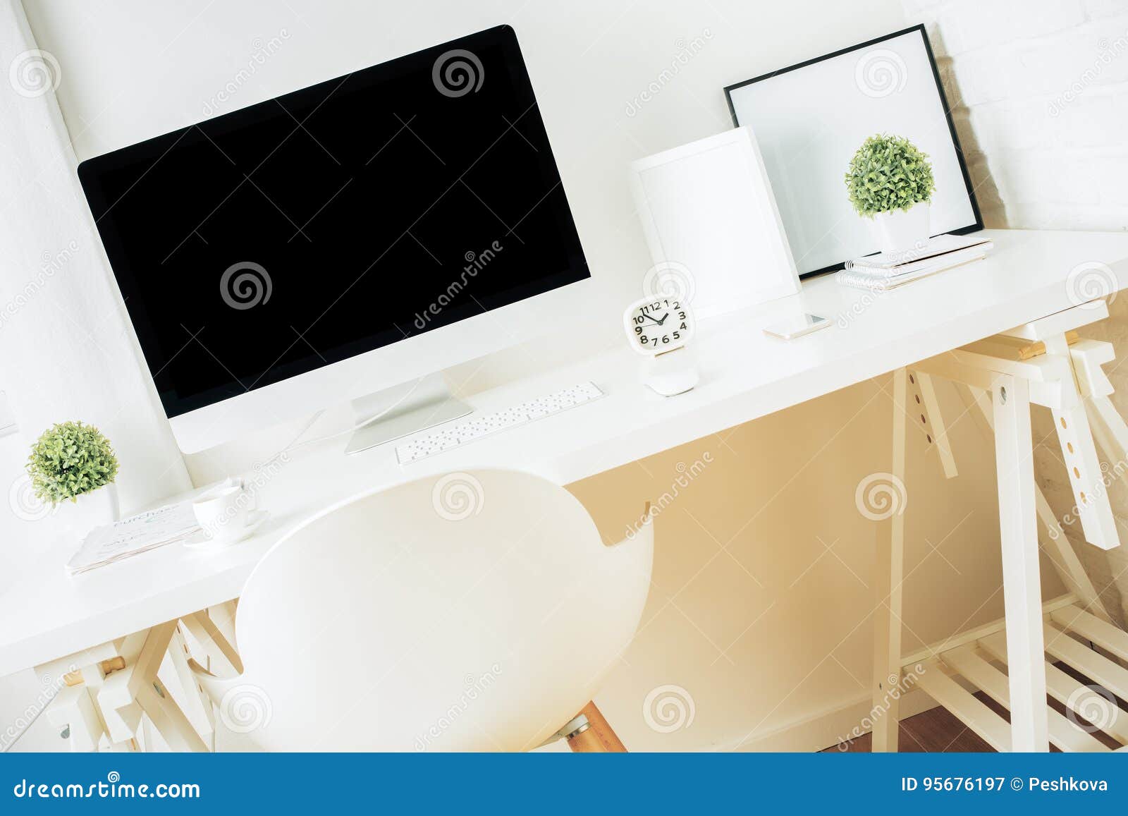 Designer Desktop with Empty Pc Screen Stock Image - Image of interior ...