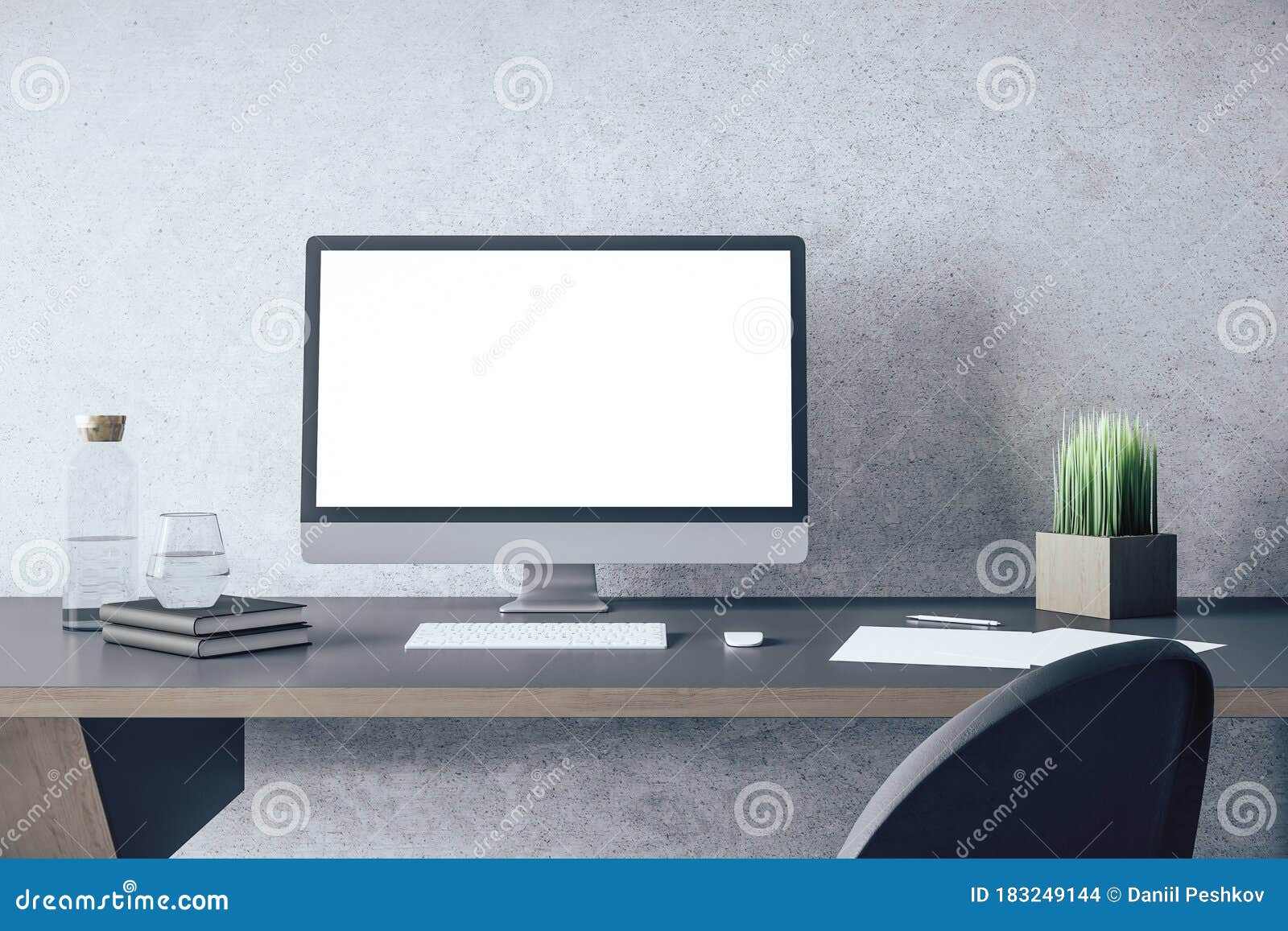Designer Desktop with Empty White Computer Screen Stock Illustration ...