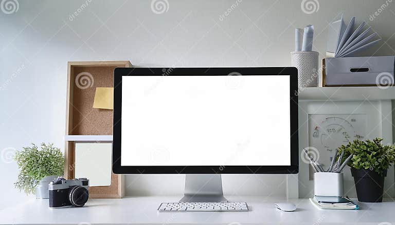 Designer Desktop with Empty White Computer Screen Stock Image - Image ...