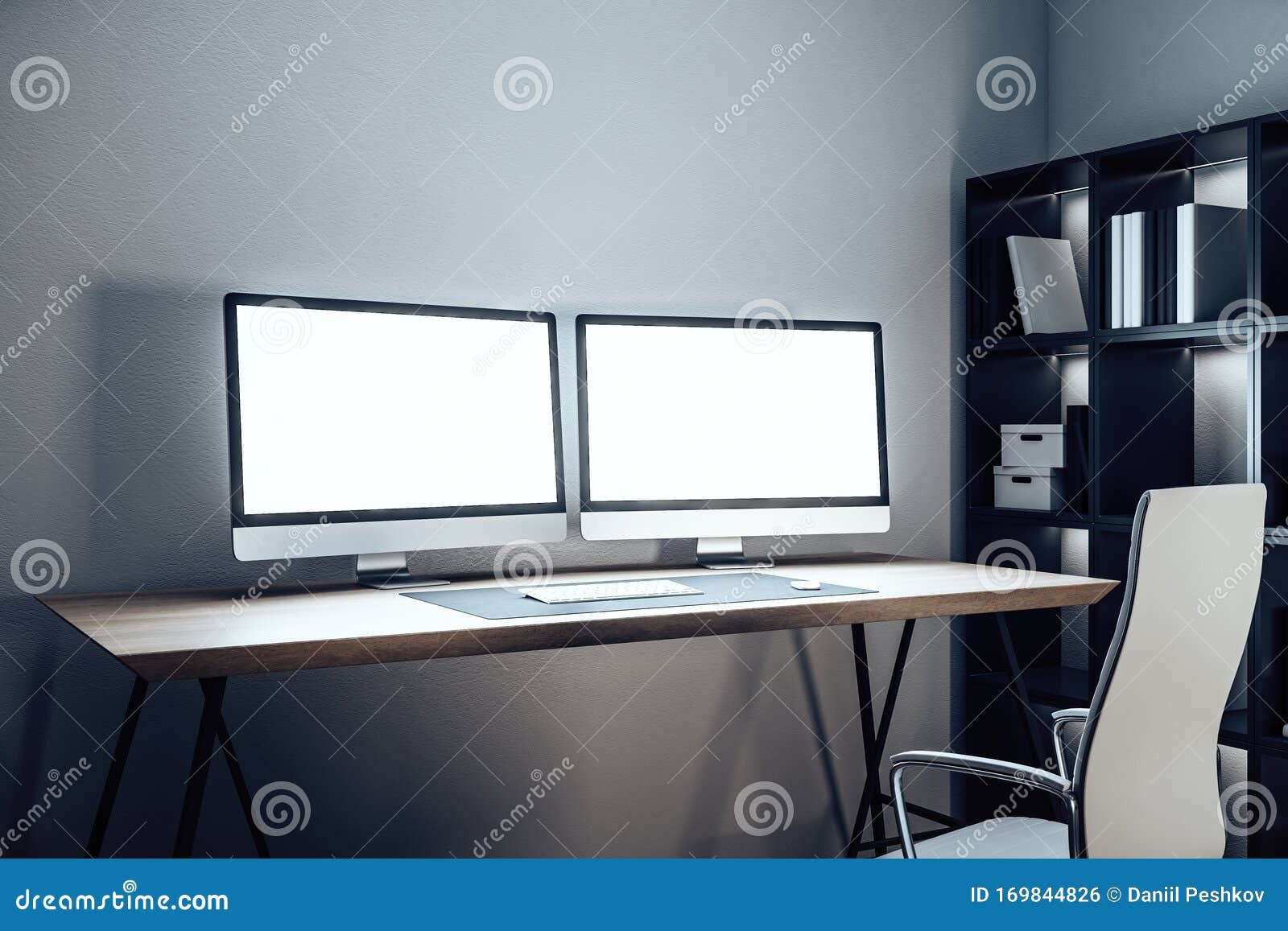 Designer Desktop with Two Empty Computer Screen Stock Illustration ...