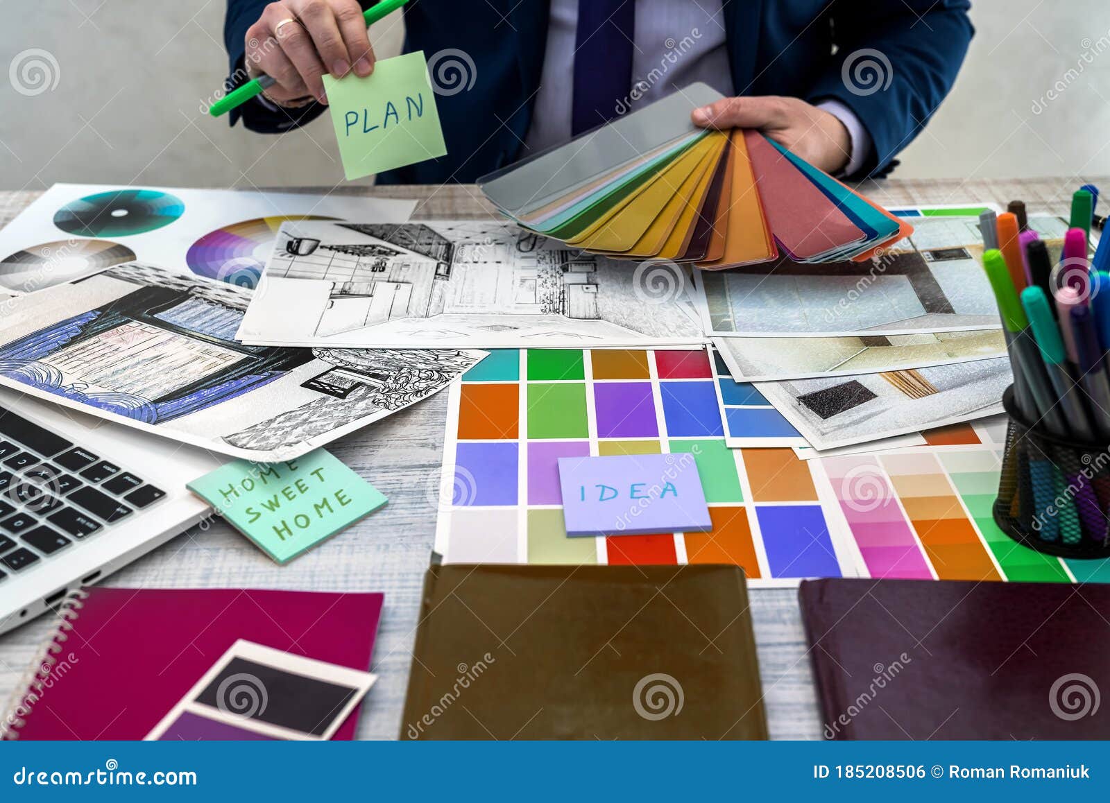 Designer Develops A Sketch Of Interior Illustration With Color Scheme ...