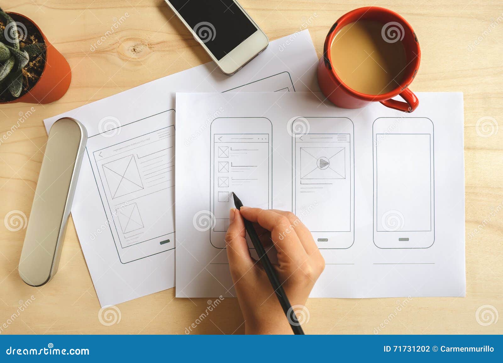 Designer Drawing Mobile Application Wireframe Stock Photo - Image of ...