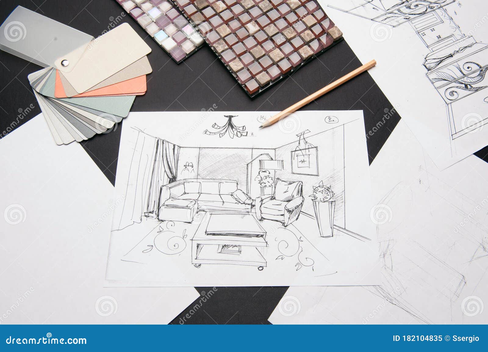 The Designer Draws a Project and Selects Materials Stock Image - Image ...