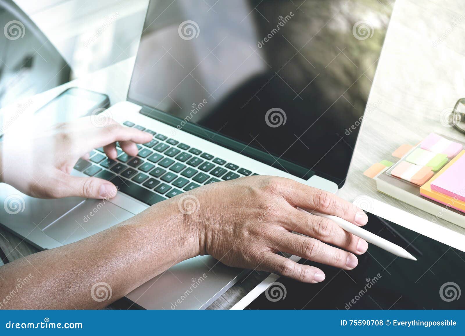 Designer Hand Working with Laptop Computer on Wooden Desk As Res Stock ...