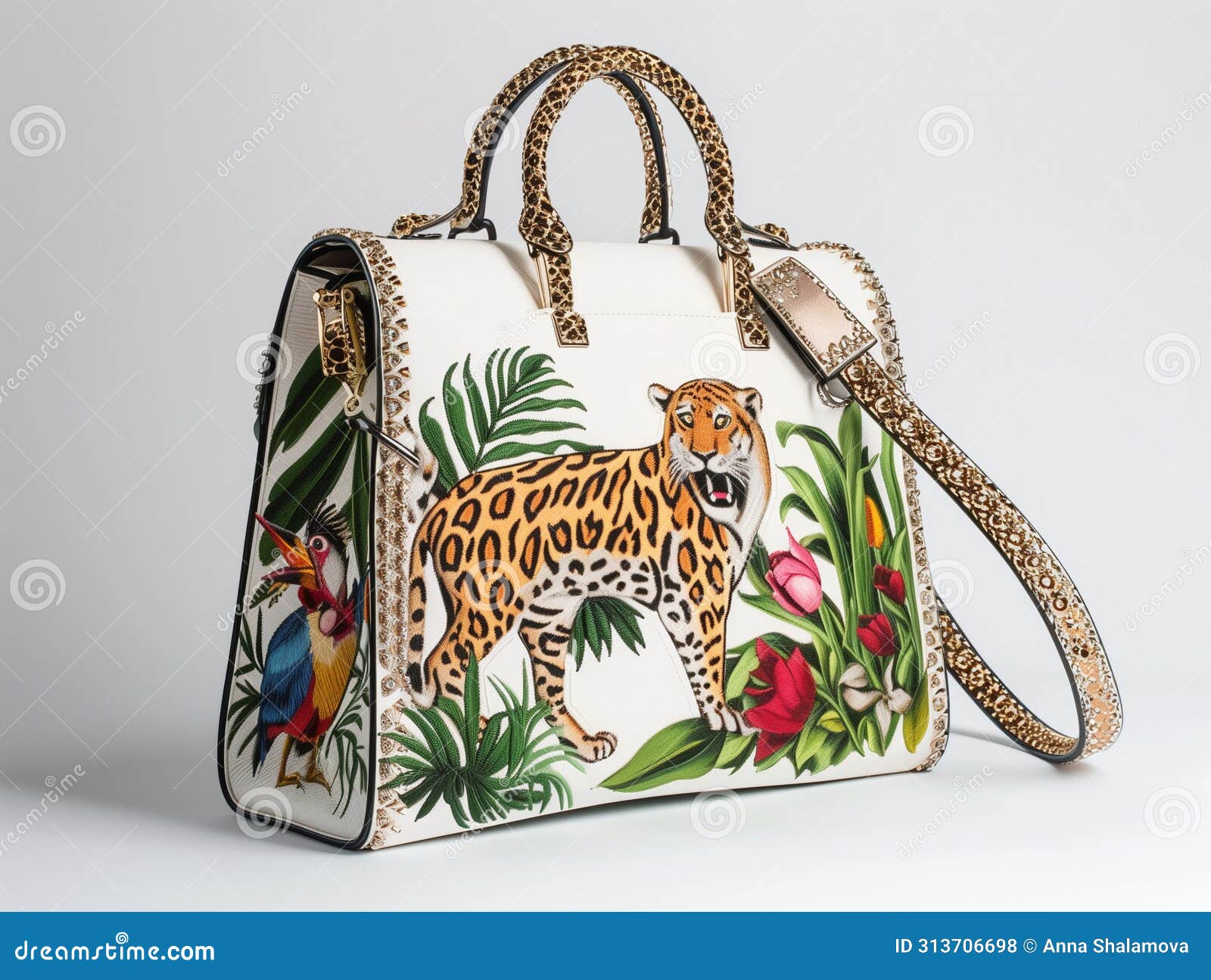 Designer Handbag with a Vibrant Jungle and Leopard Illustration. Stock ...