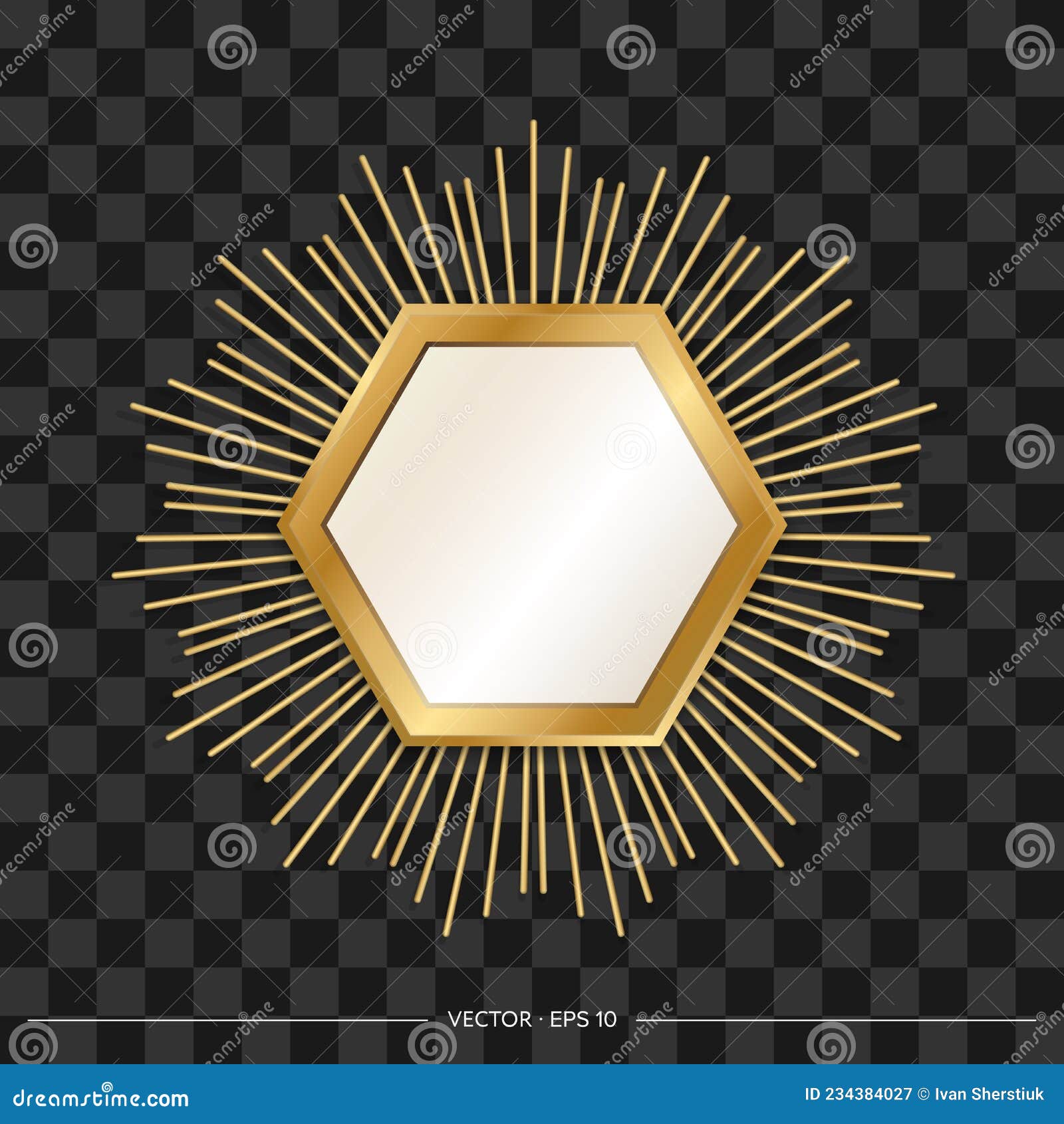 Designer Hexagonal Mirror with Golden Frame and Beams Around. Realistic ...