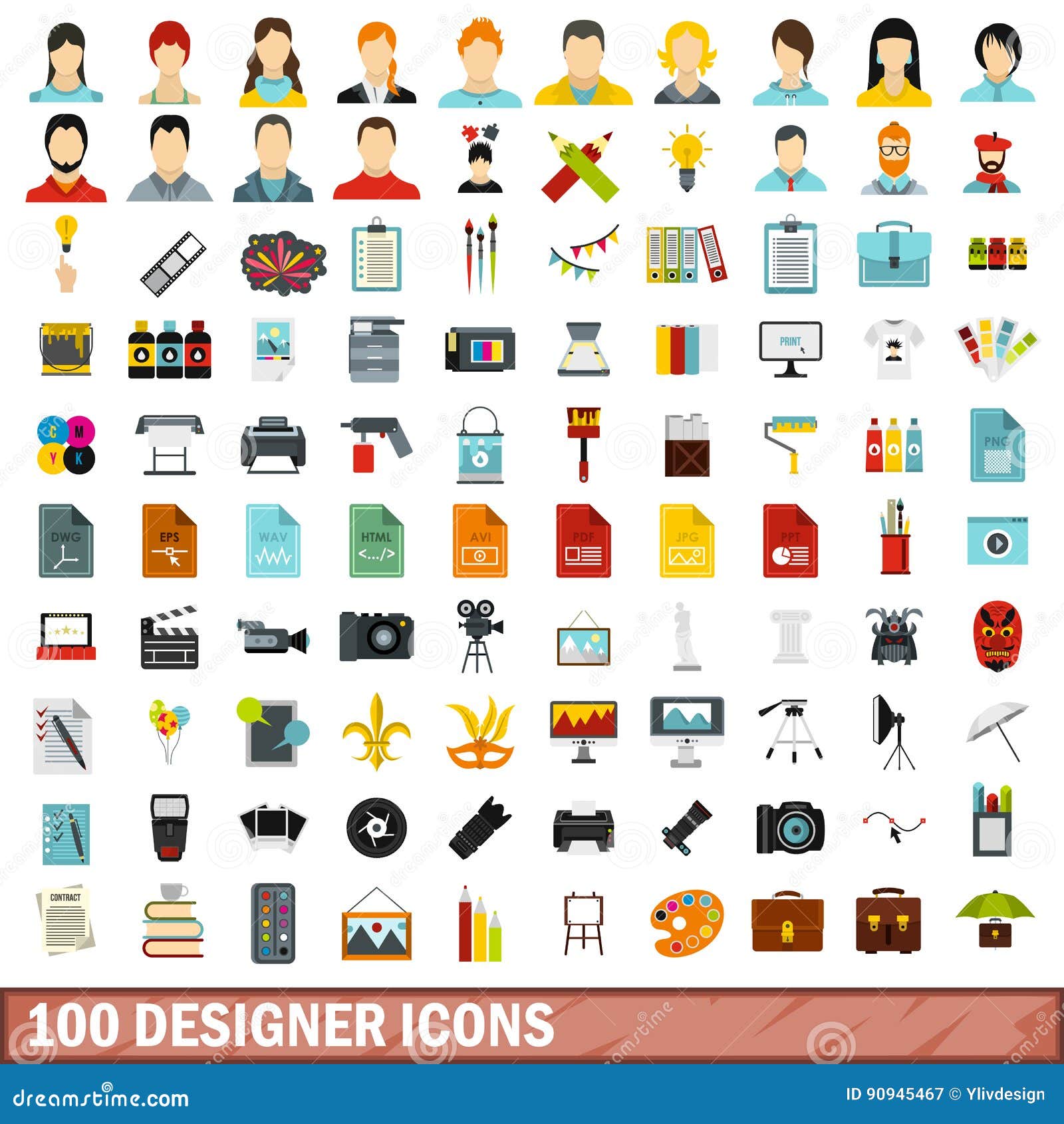 100 Designer Icons Set, Flat Style Stock Vector - Illustration of film ...