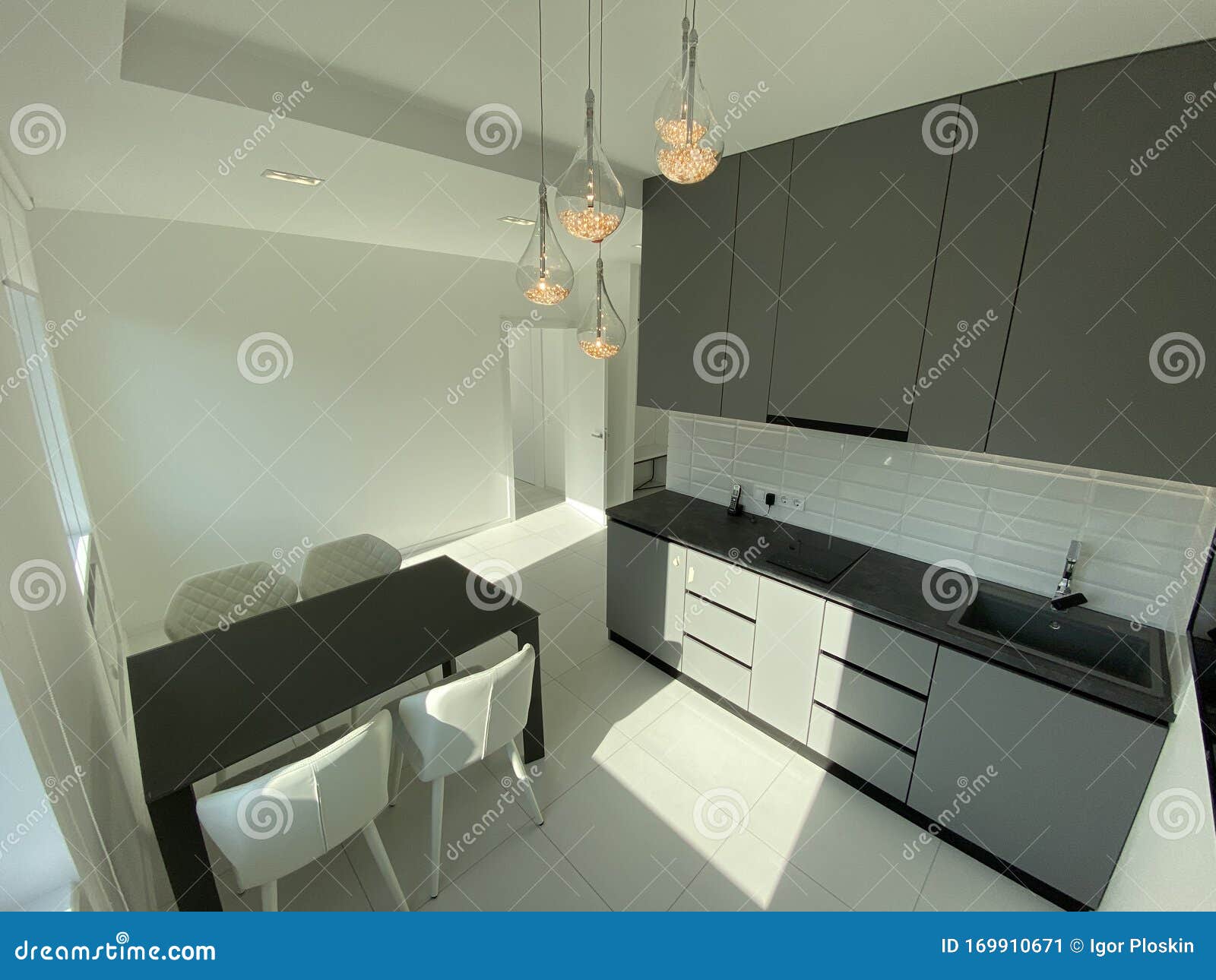 Designer Kitchen Studio in White Style Stock Image - Image of home ...