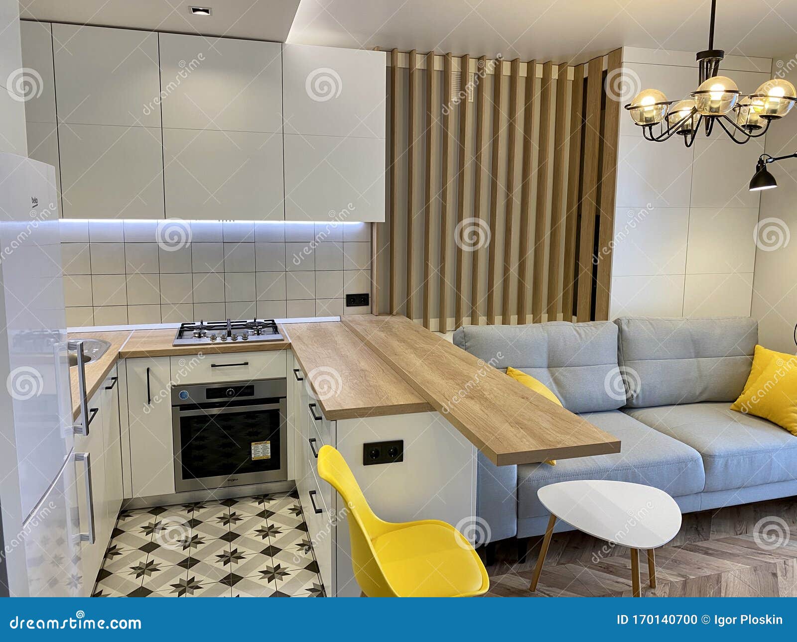 Designer Kitchen Studio and Sofa Stock Photo - Image of carpet ...