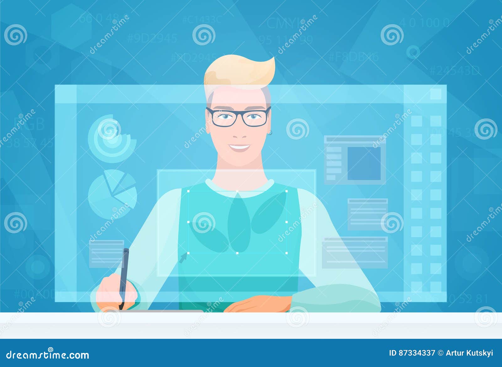 Designer Man Working Using Virtual Media Interface Workspace. Designer ...