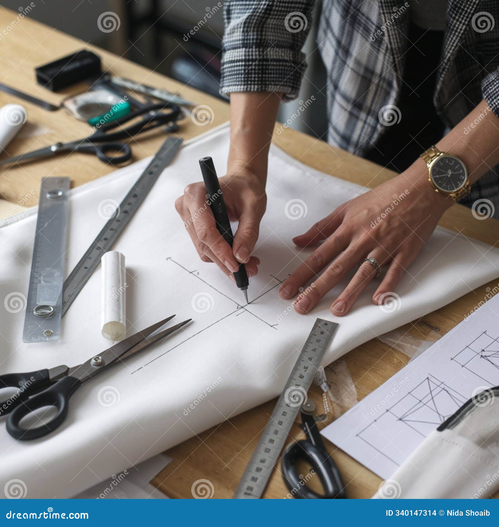 Designer Marks Fabric on Table with Tools and Sketches, Hands Focus on ...