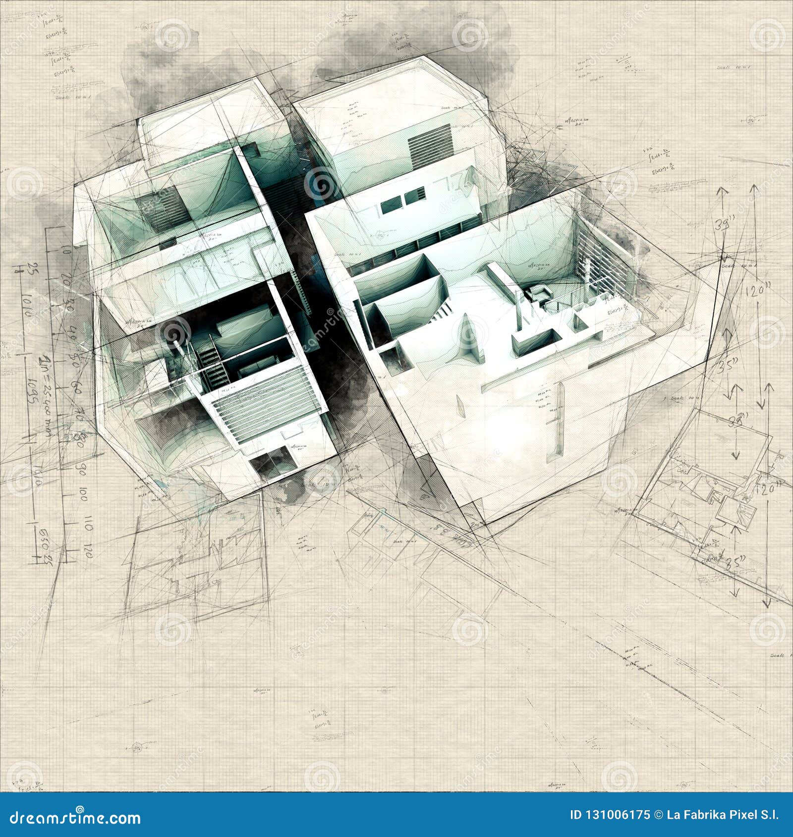 Designer Modern Building on Blueprints Stock Illustration ...