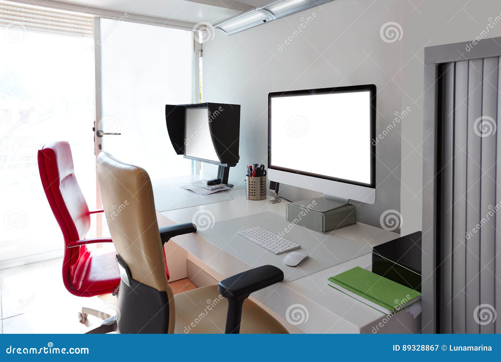 Designer Office Desk with Computer Screens Stock Image - Image of ...