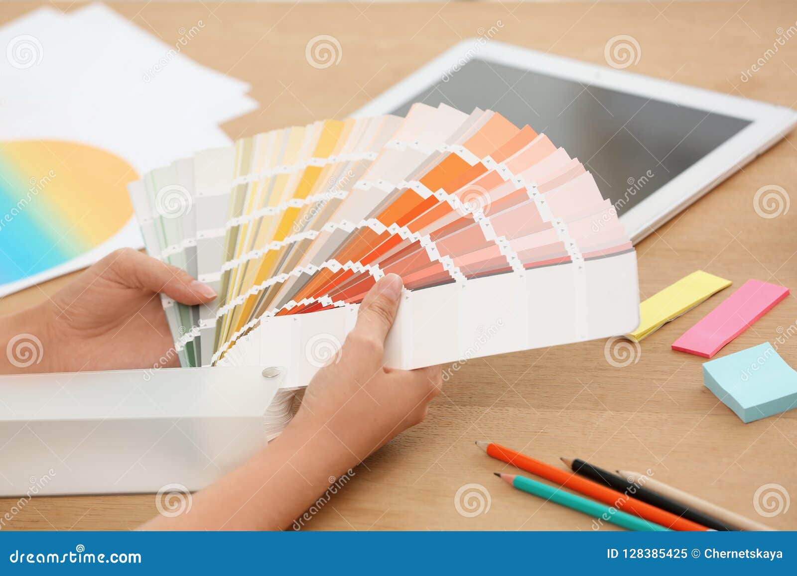 Designer with Paint Color Palette Samples at Table Stock Image - Image ...