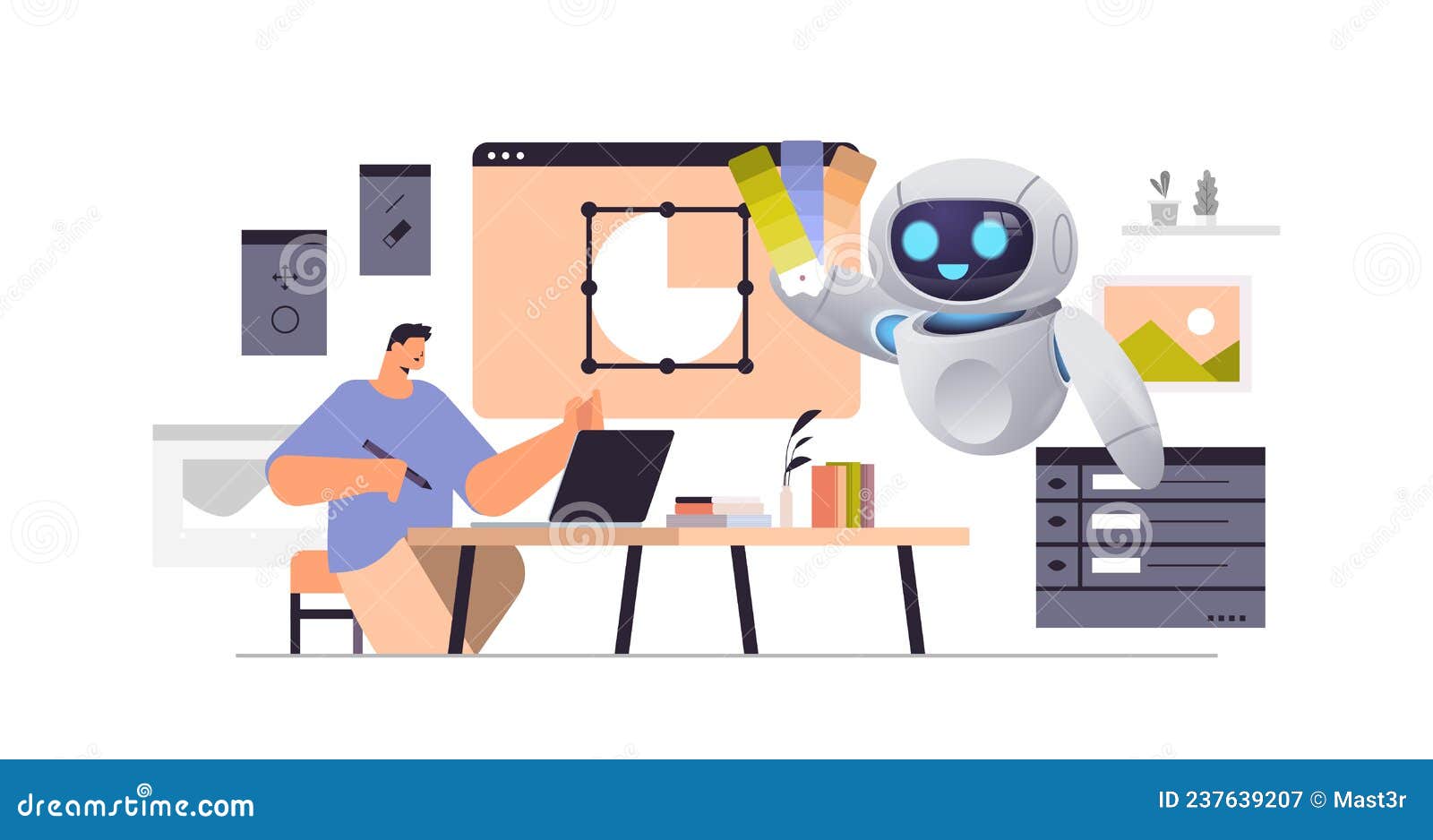 Designer and Robot Drawing with Pen in Graphic Editor on Laptop ...