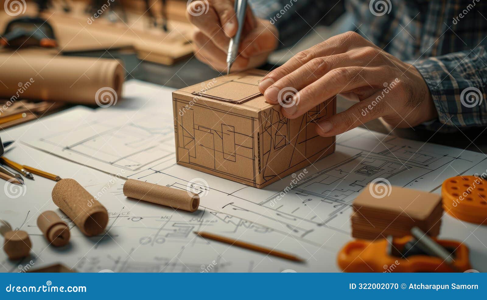 A Designer Sketching Detailed Brown Craft Cardboard Packaging Box with ...