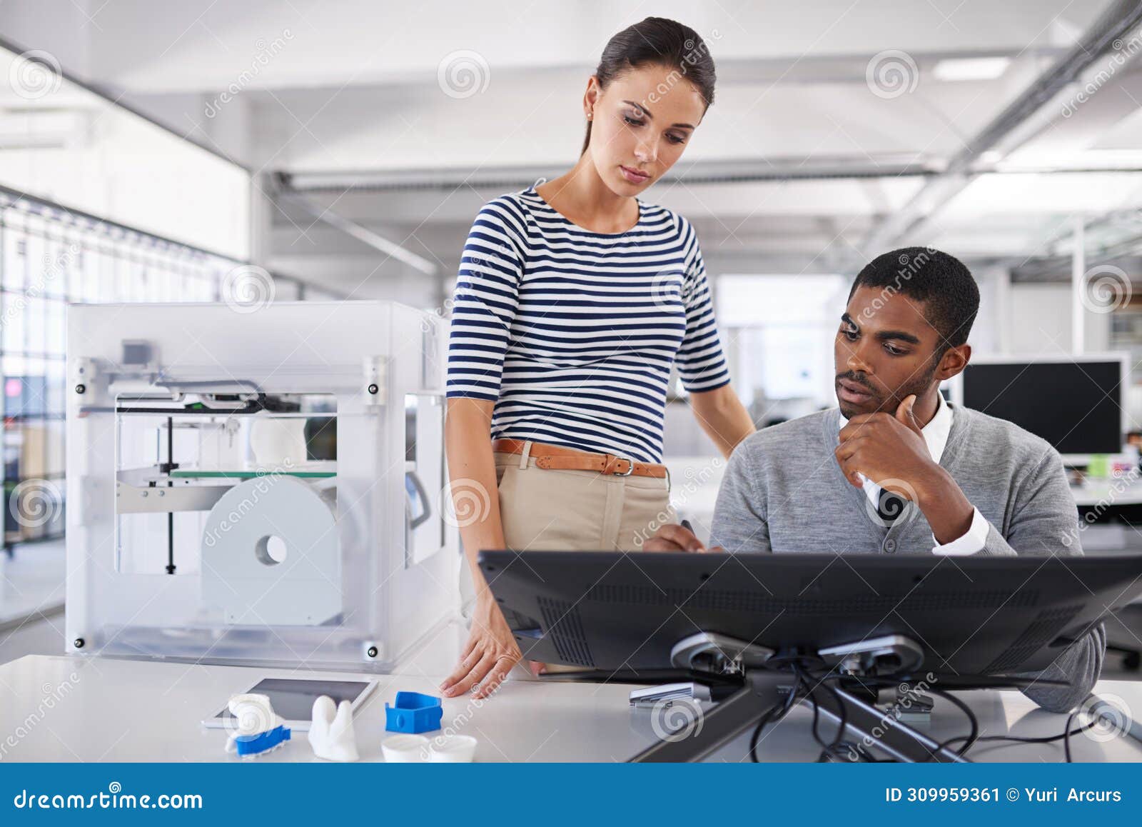 Designer, Teamwork and Working with 3D Printer in Office for Project, Collaboration and Planning ...