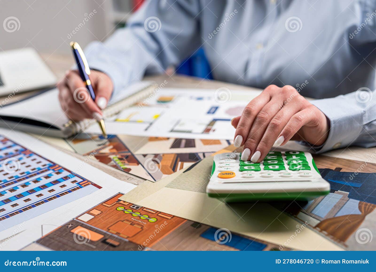 Designer Woman Working Blueprint Architectural Project and Tools at ...