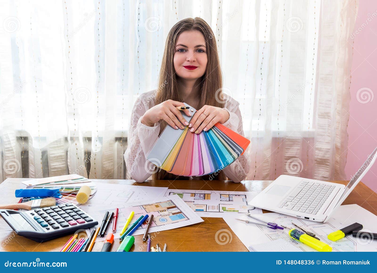 Designer Woman Working with Colour Samples, Workplace Stock Photo ...