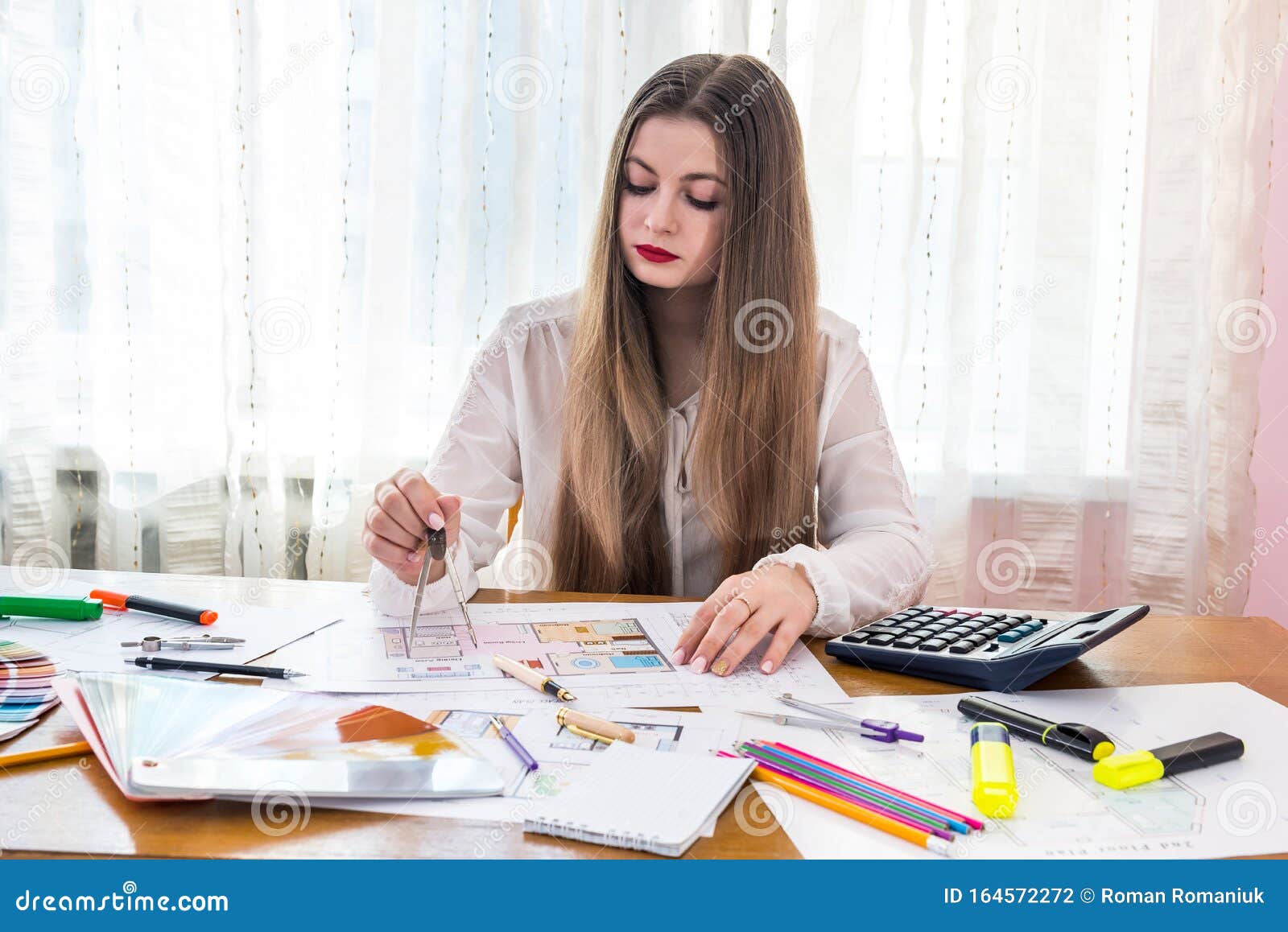 Designer Working with Compass Over House Plan Stock Photo - Image of ...