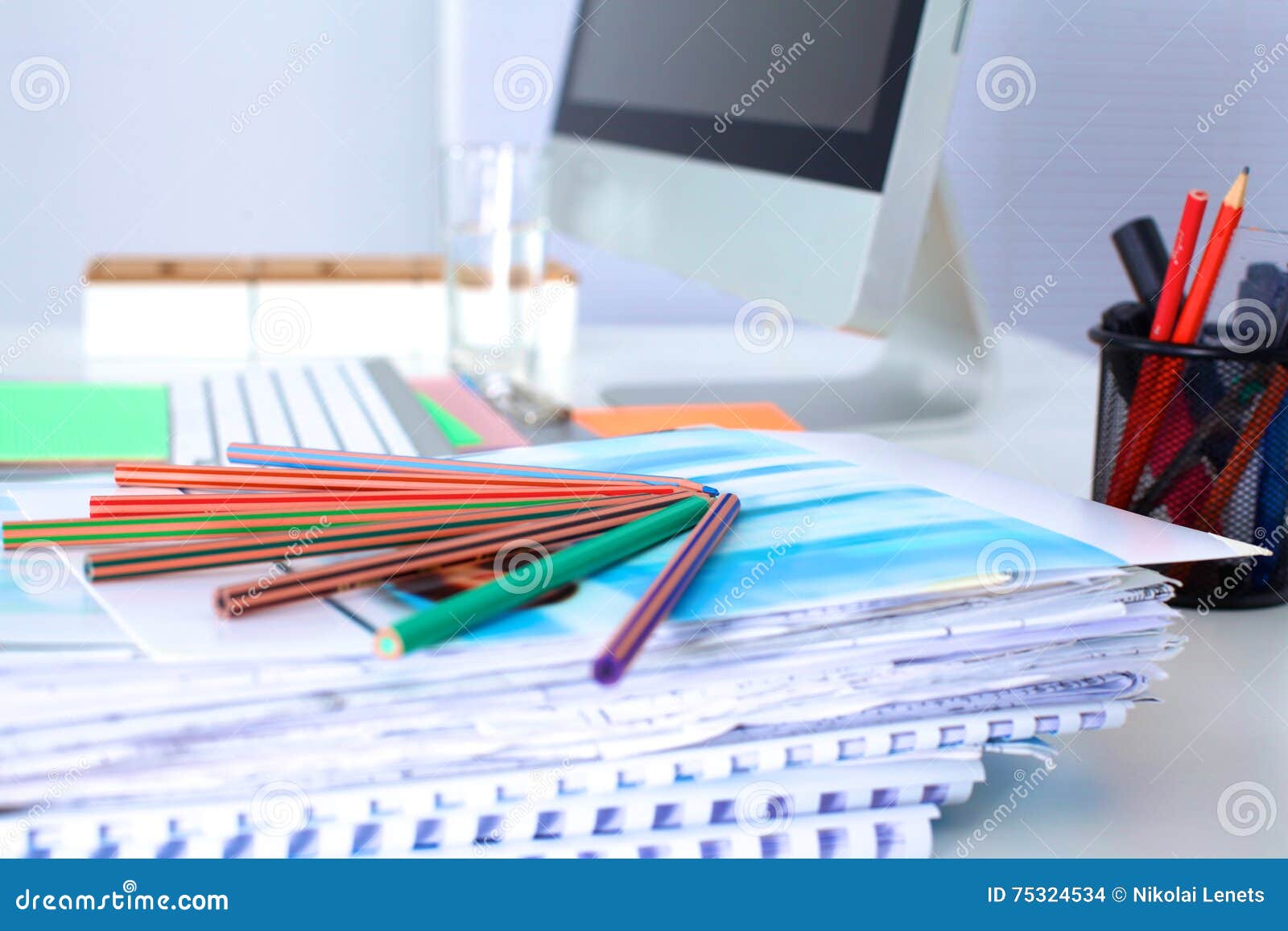 Designer Working Desk with Computer and Paperwork Stock Photo - Image ...