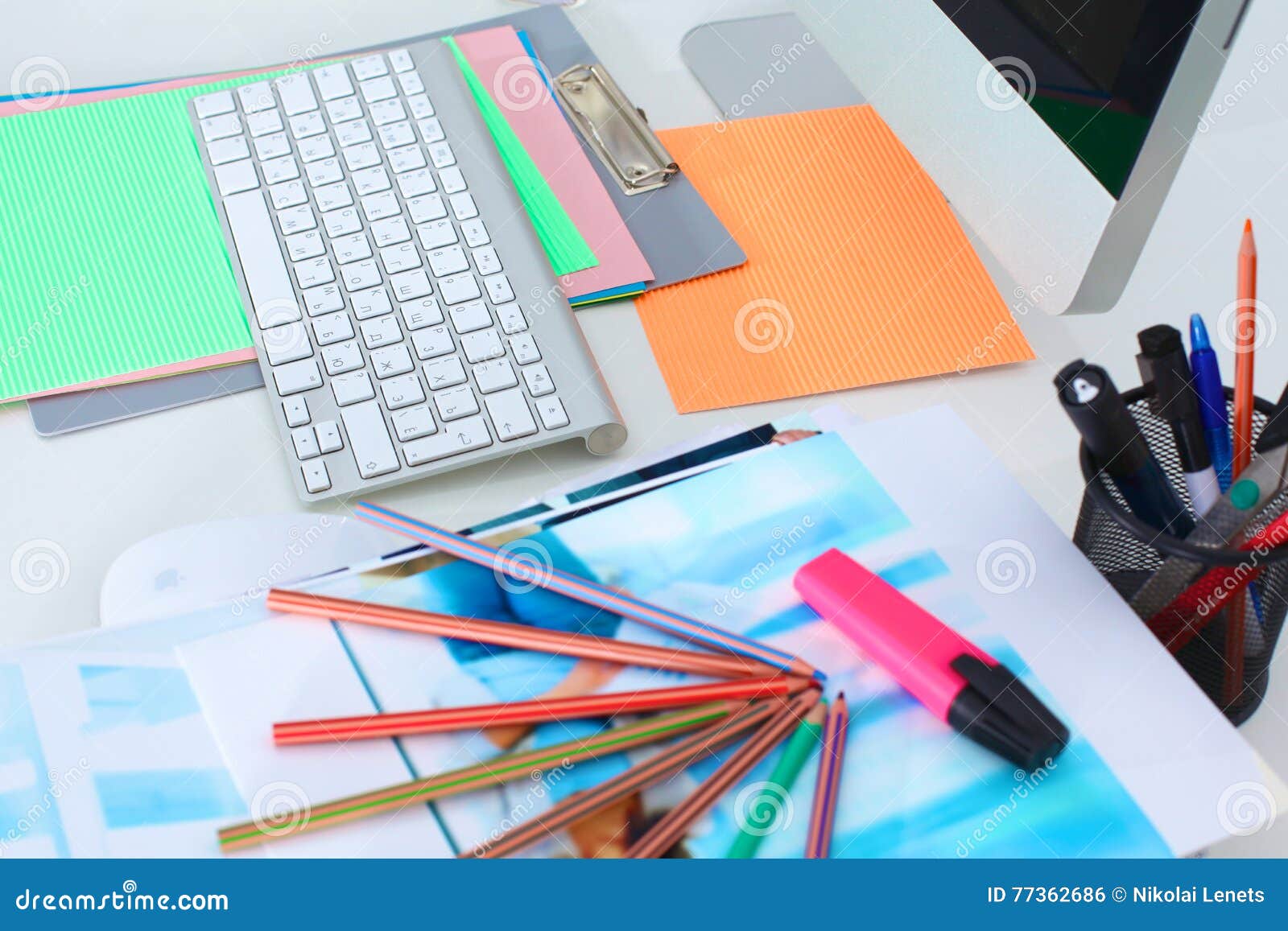 Designer Working Desk with Computer and Paperwork Stock Photo - Image ...