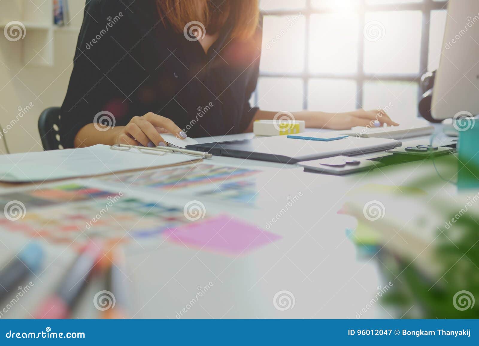 Designer Working with Digital Tablet and Laptop Computer at Desk Stock ...