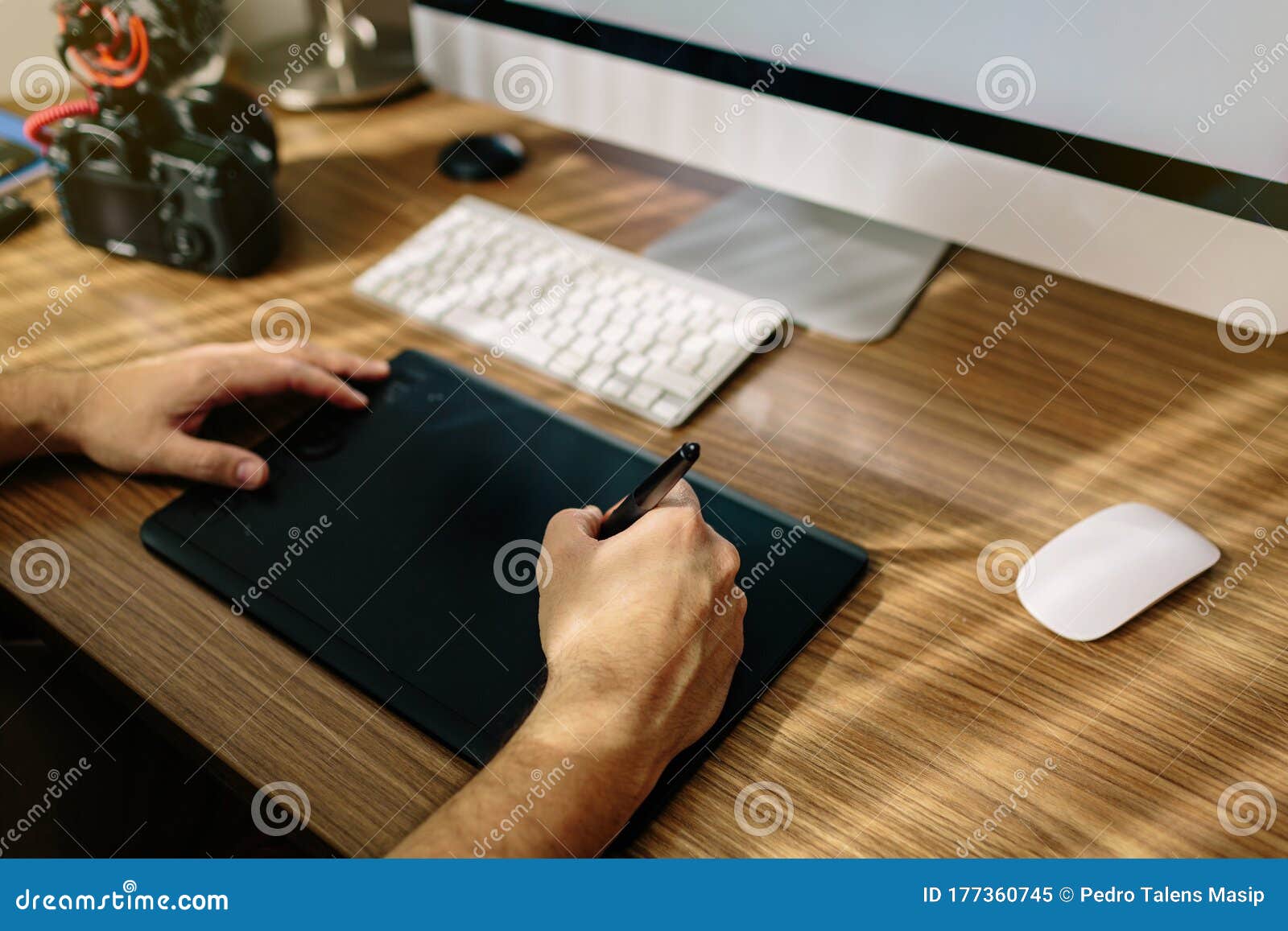 Designer Working from Home with Computer and Graphics Tablet ...