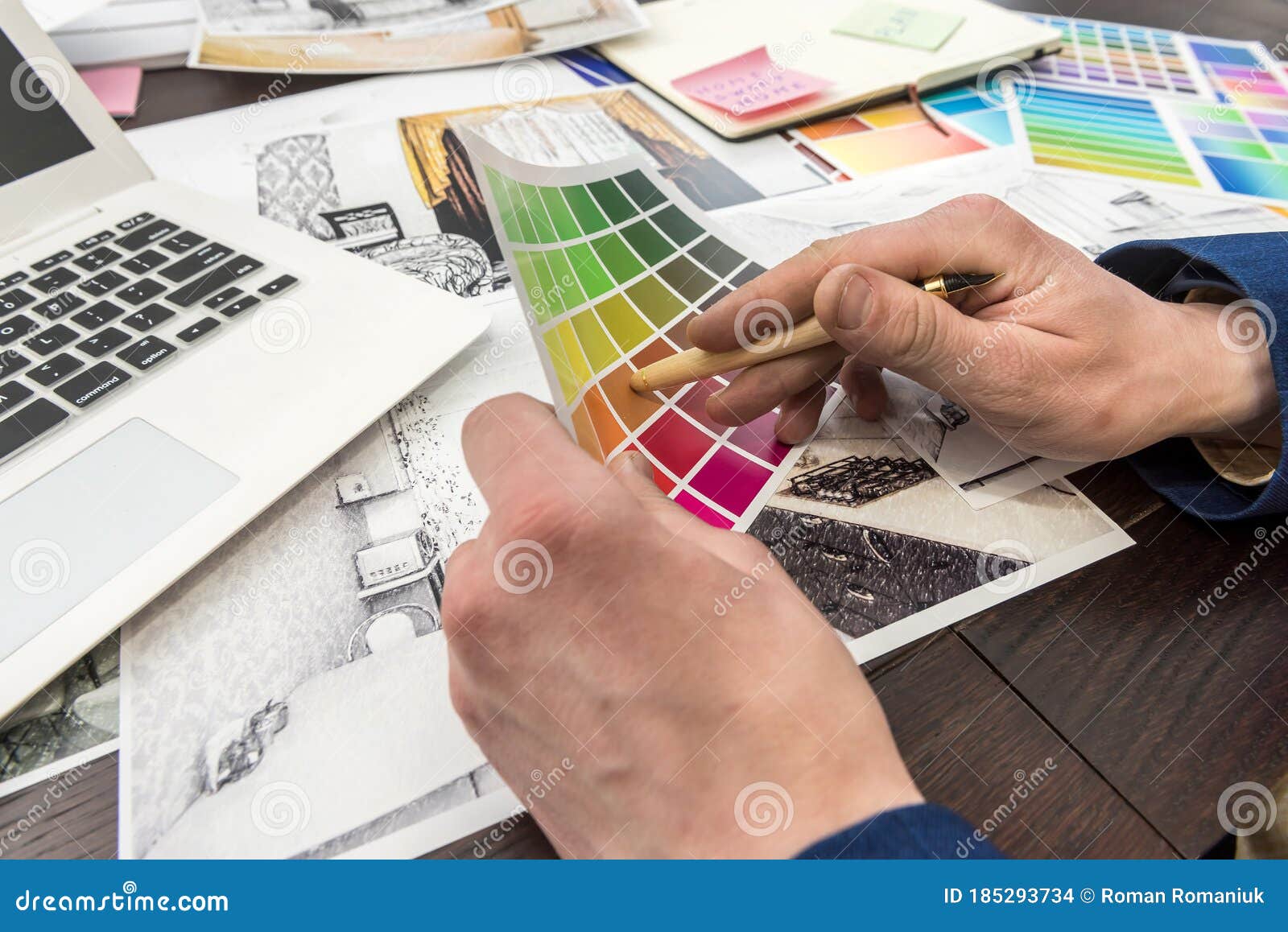 Designer Working with Home Sketch and Color Sampler for Modern Interior ...