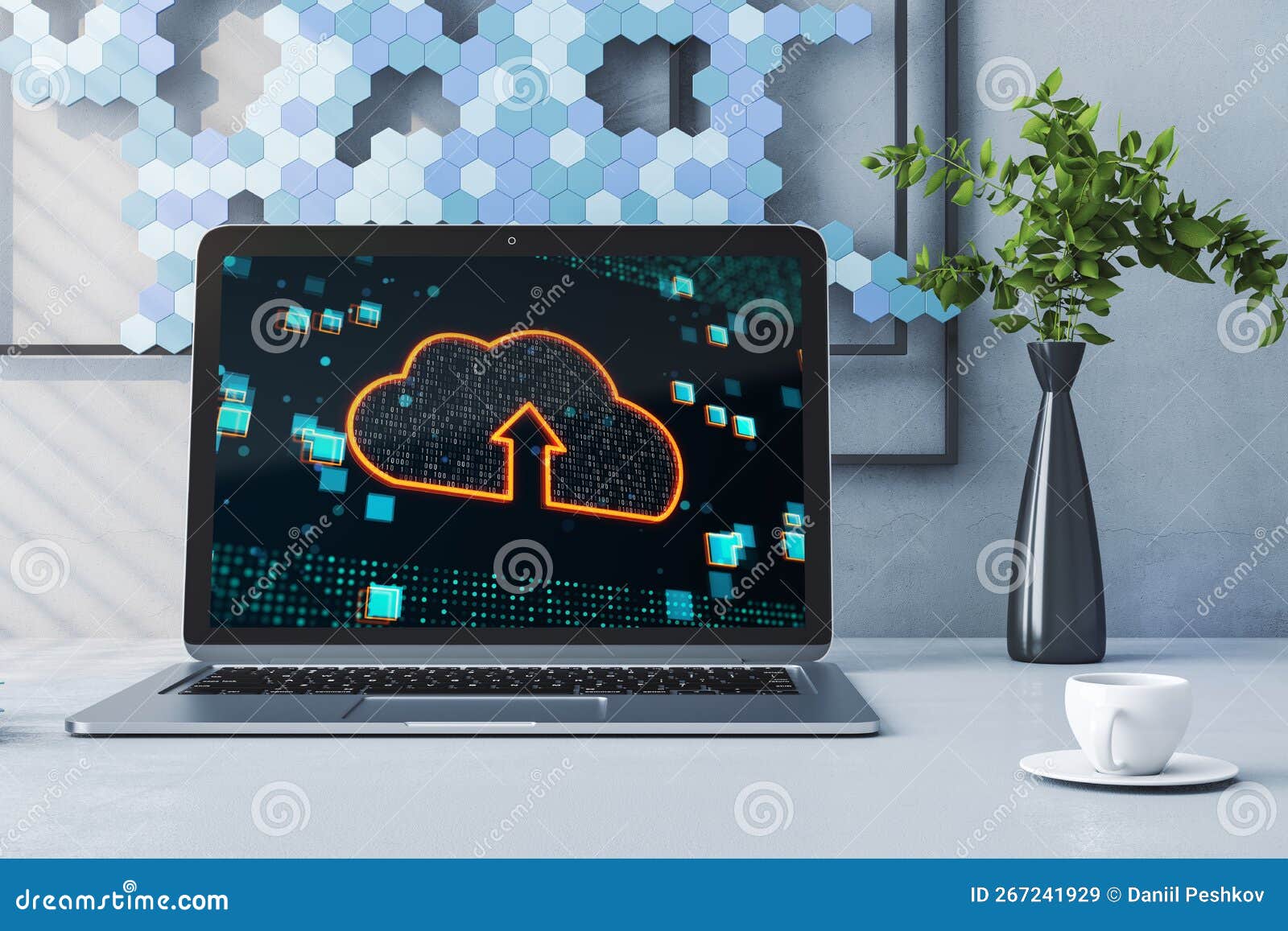 Designer Workplace with Laptop and Database Cloud, Coffee Cup, Vase ...