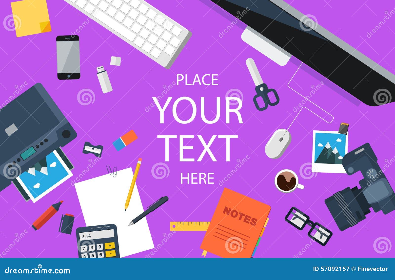 Designer Workplace. Top View. Flat Design. Purple Background Stock ...