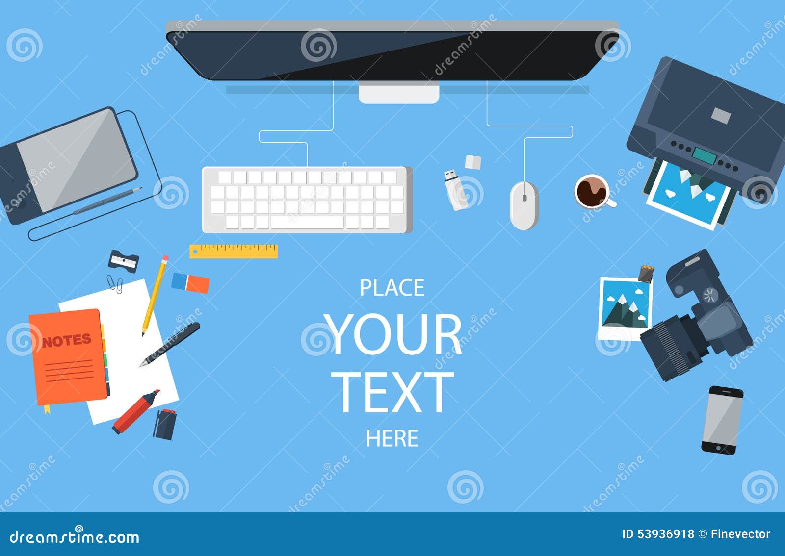 Designer Workplace. Top View. Flat Design Stock Vector - Illustration ...