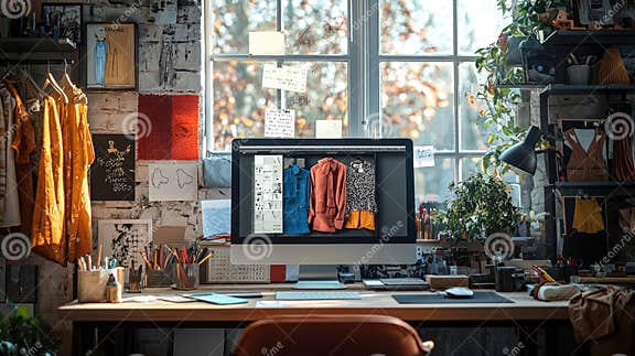 Designer Workspace with Clothing Design Software on Desktop in Creative ...