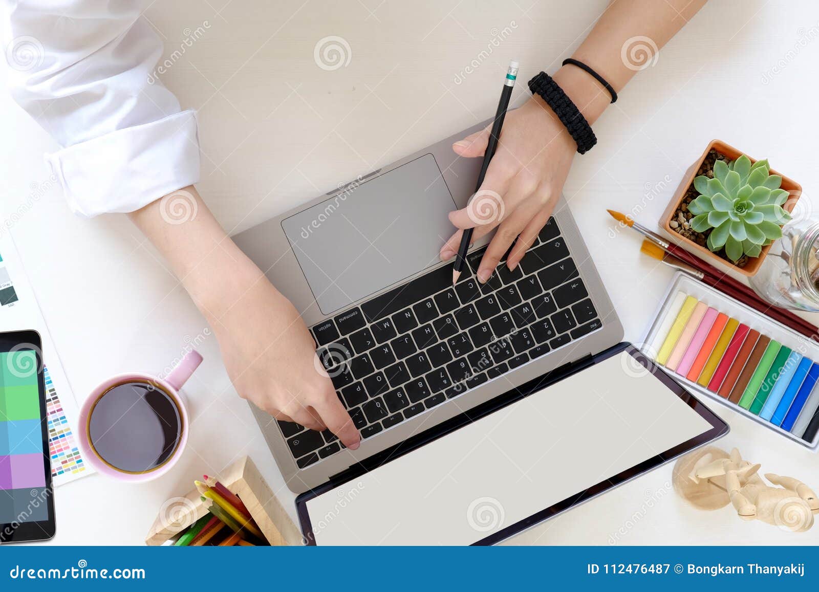 Designer Workspace with Laptop Stock Image - Image of office, digital ...