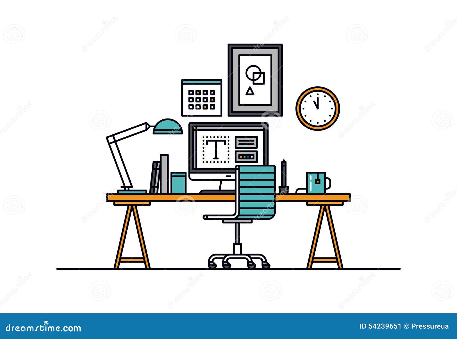 Designer Workspace Line Style Illustration Stock Vector - Illustration ...
