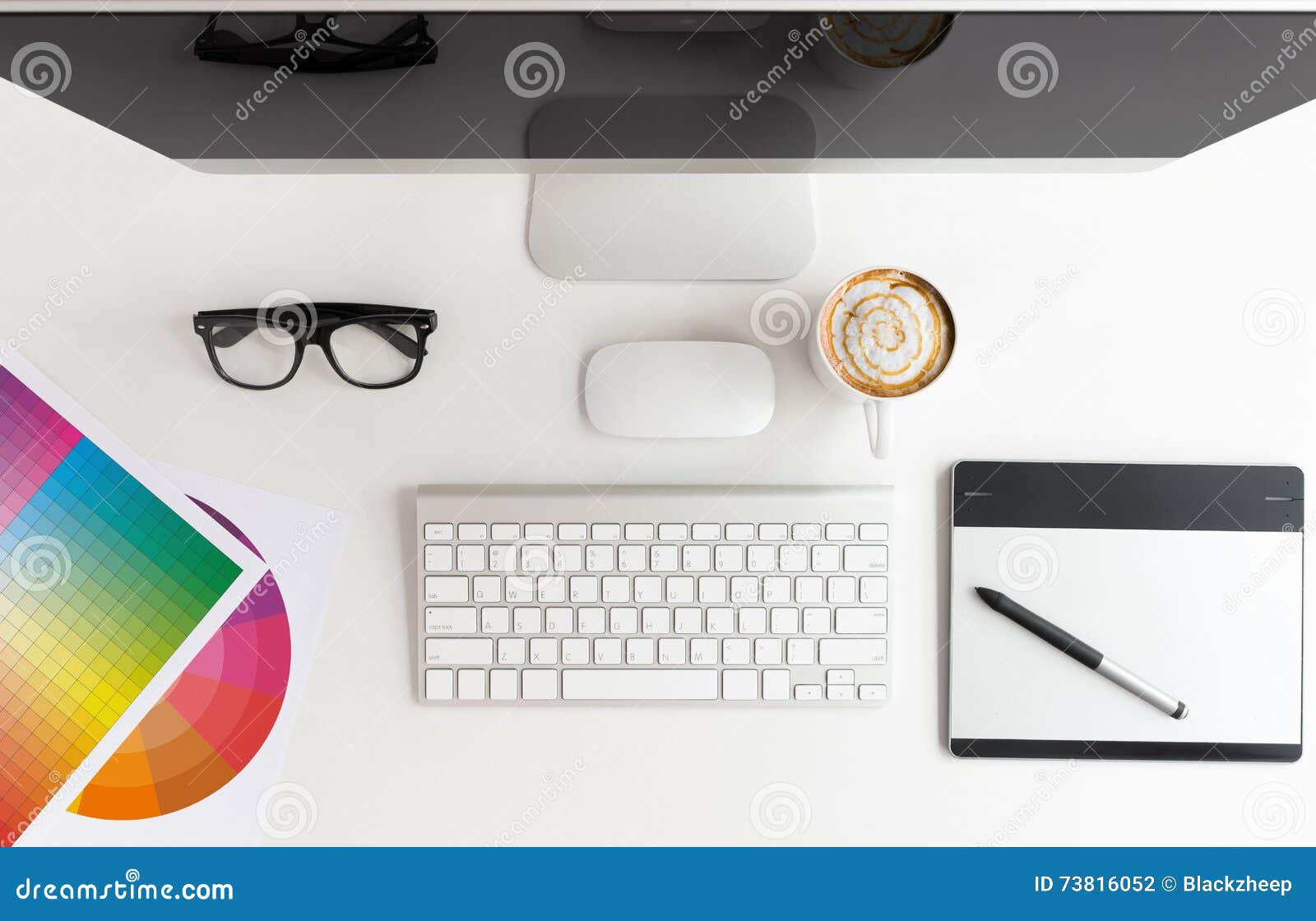 Designer Workspace White Table on Top Stock Photo - Image of coffee ...