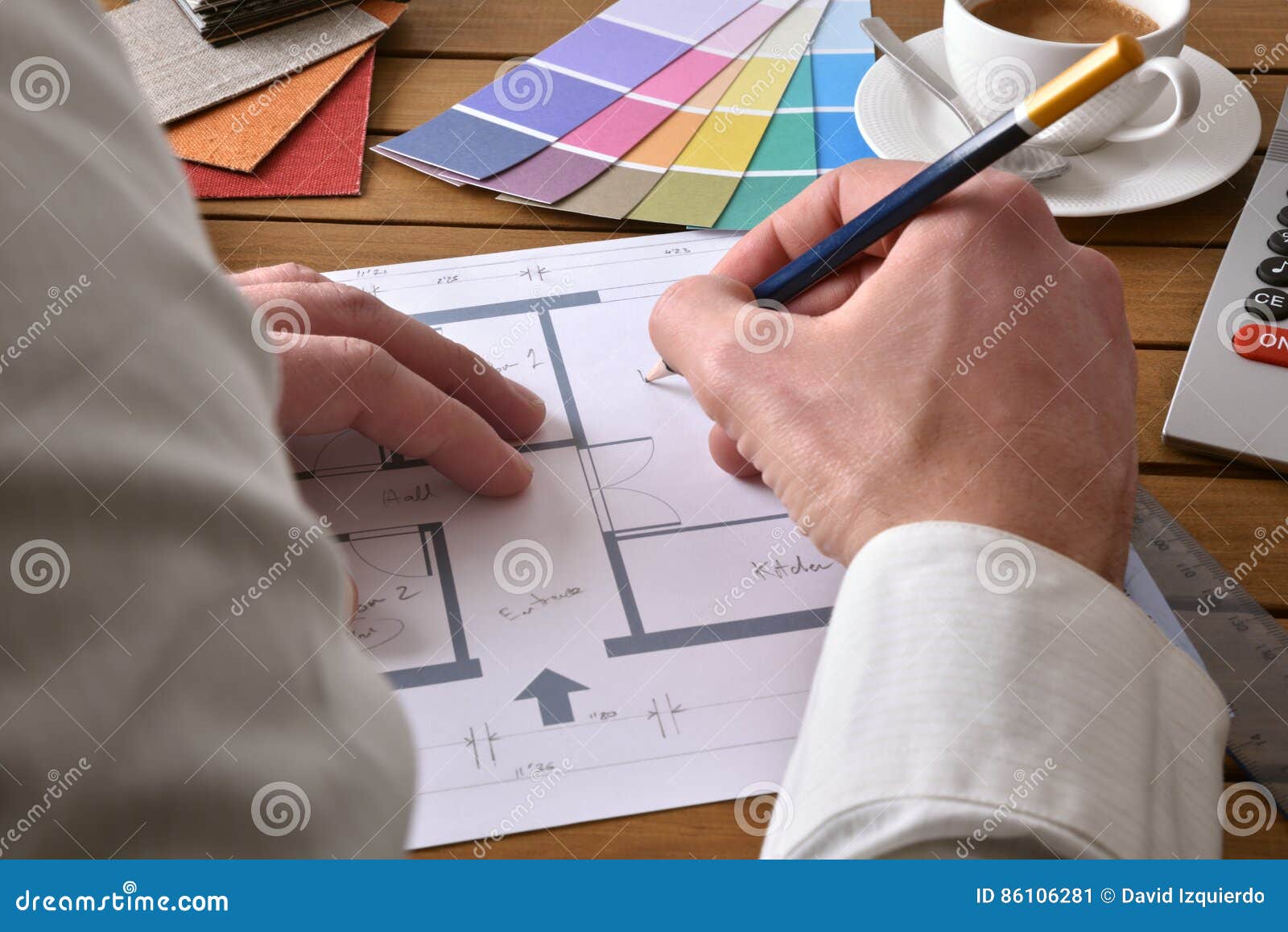 Designer Writing on the Plan of an Interior Design Project Stock Image ...