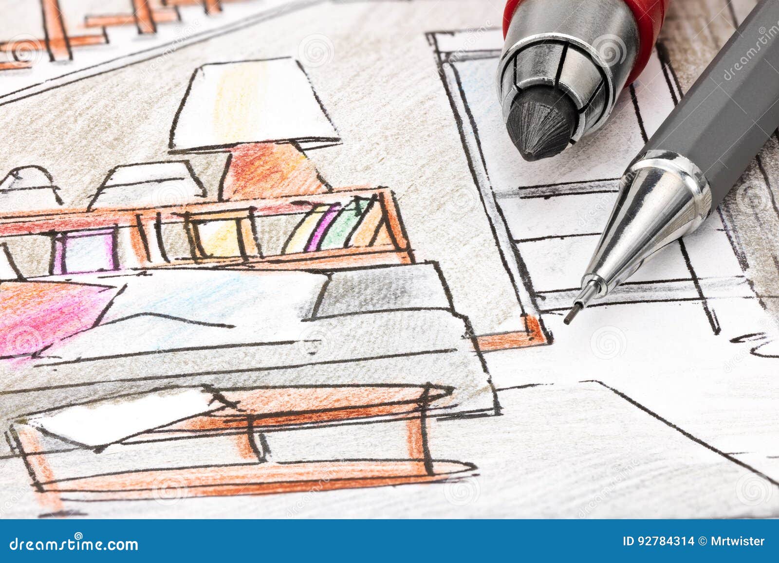 Designers Drawing Tools on Colored Draft Sketch of Living Room I Stock ...